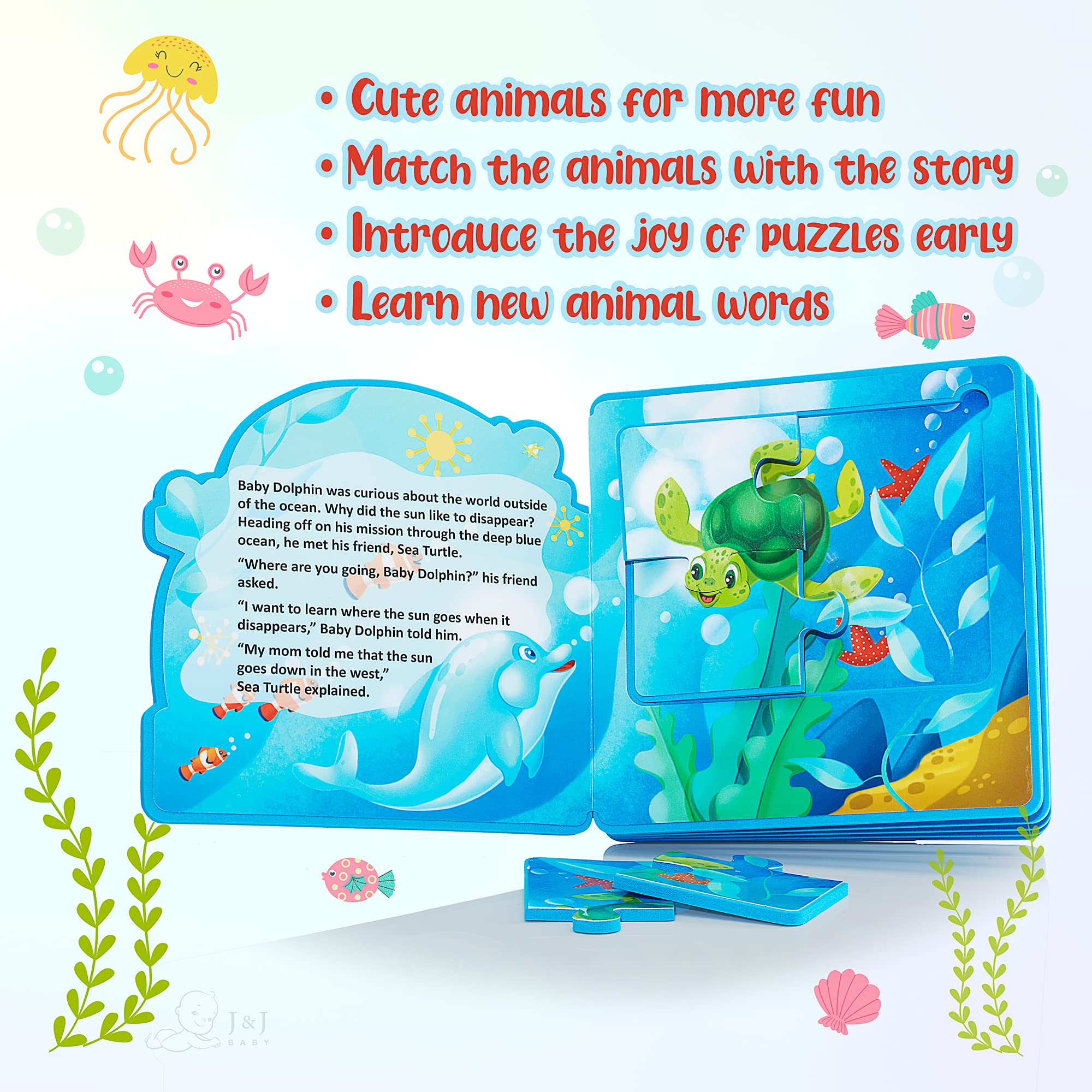 J&J Baby Toddler Puzzles - 5x4-Pieces Dolphin Adventure Soft Jigsaw Puzzles for Toddlers - Set of 5 Educational Learning Puzzles Book for Kids 2-3 Years Old