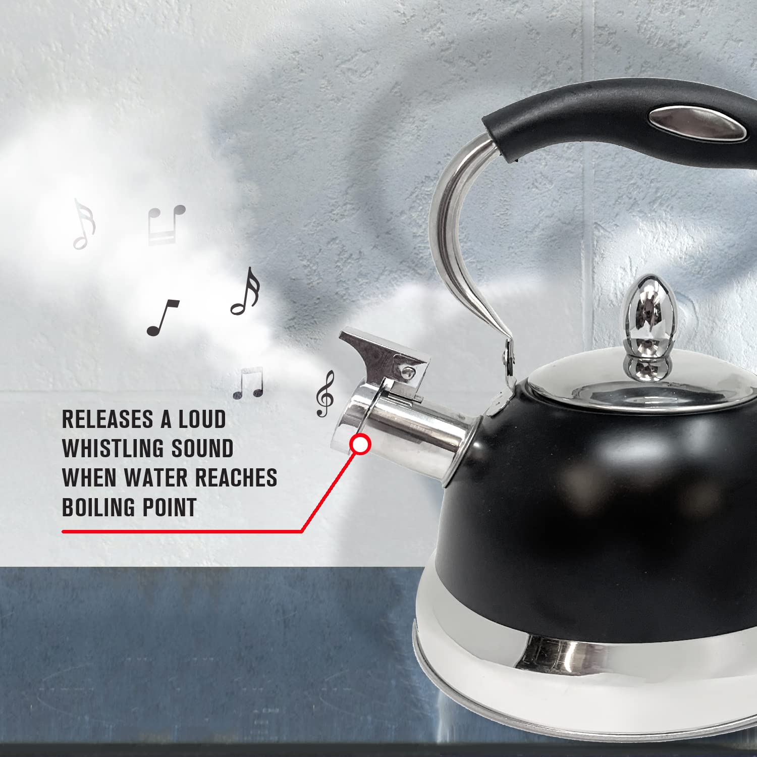 Emeril Lagasse 2.6 Quart/2.5 Liter Whistling Tea Kettle, Stainless Steel Tea Pot for Induction Stove Top, Fast to Boil Water for Home Kitchen Condo, with Ergonomic Cool Folding Grip Handle, Black Comb