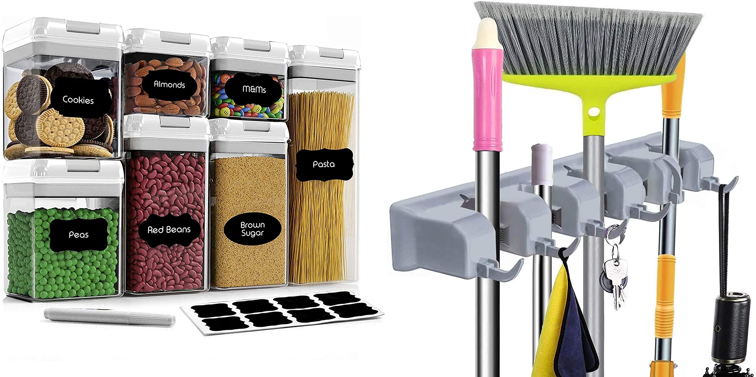 CINEYO 7 Pc's Airtight Food Storage Container & Mop and Broom Holder Wall Mount (Gray)