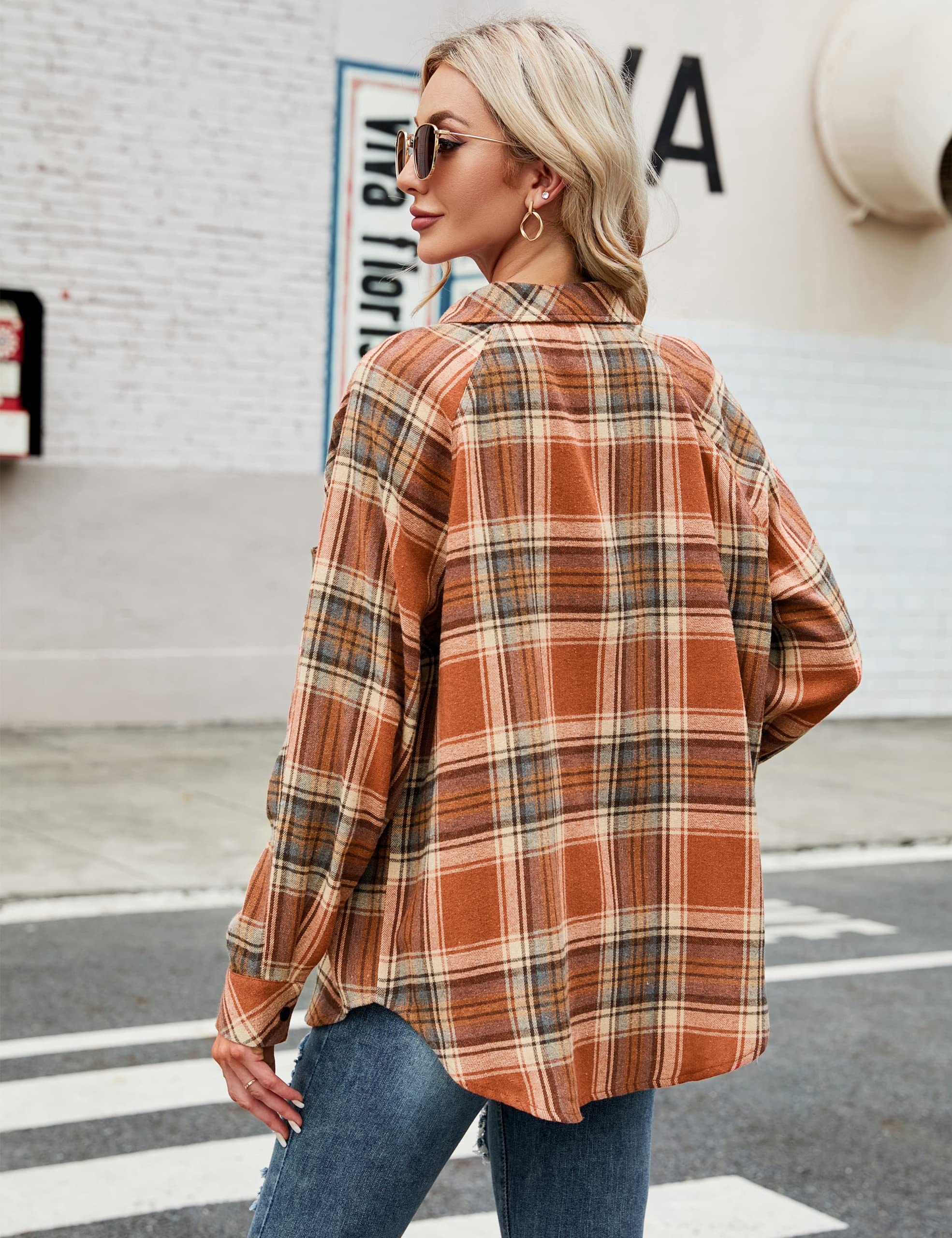 Blooming Jelly Womens Long Sleeve Shirts Flannel Plaid Tops 2023 Button Down Casual Fall Outfits Shacket(Medium, Orange Plaid)