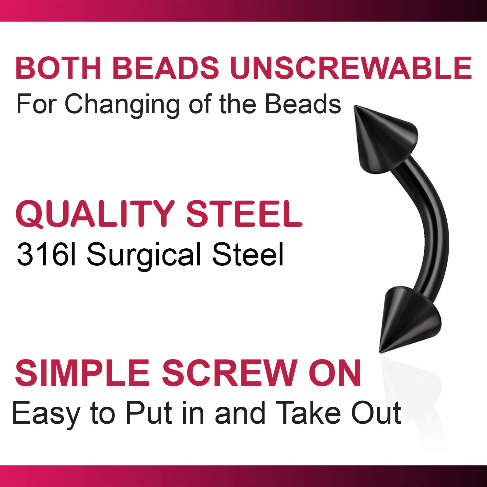bodyjewellery 6pcs 16g Curved Barbell Cartilage Lip Tragus Eyebrow Forward Helix Conch Daith Earring Black Vertical Labret Spike - 10mm