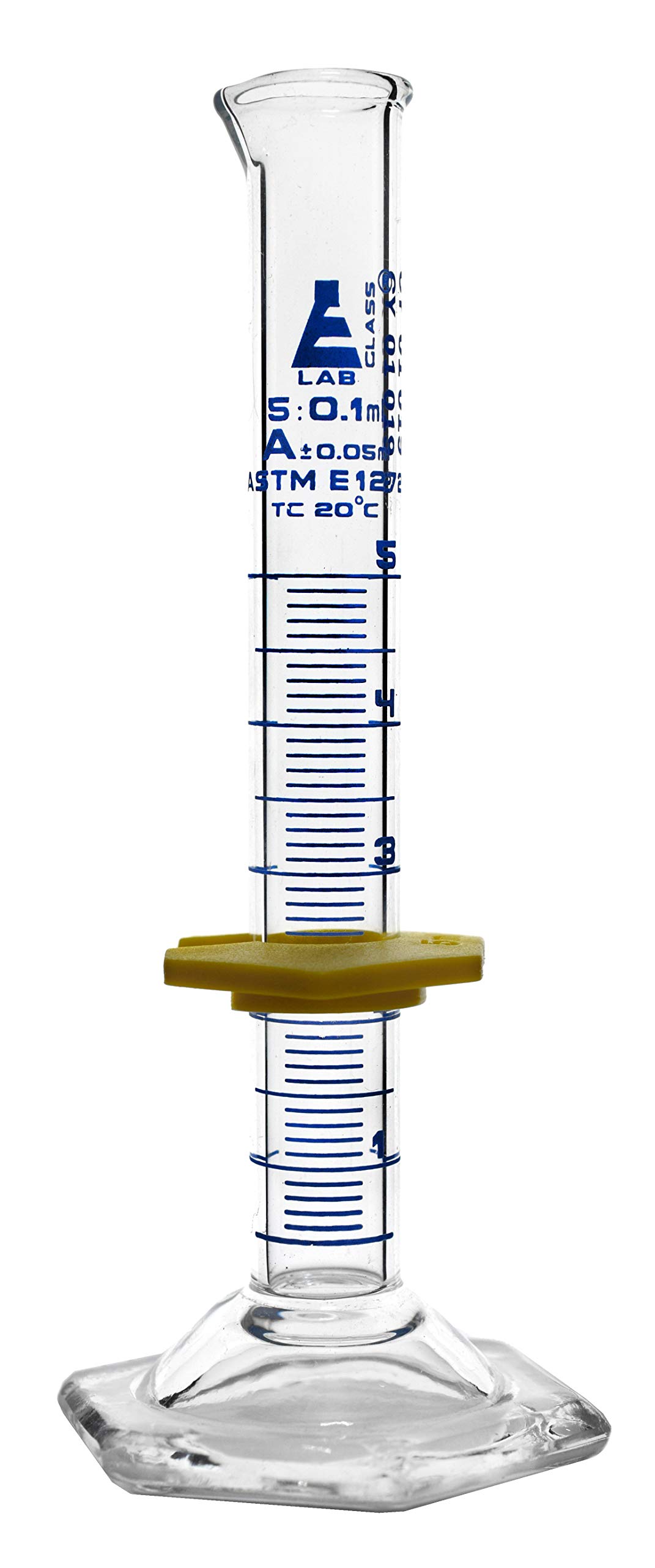 EISCO - Graduated Cylinder, 5mL - ASTM, Class A Tolerance ±0.05mL - Protective Collar, Hexagonal Base - Blue Graduations - Borosilicate 3.3 Glass