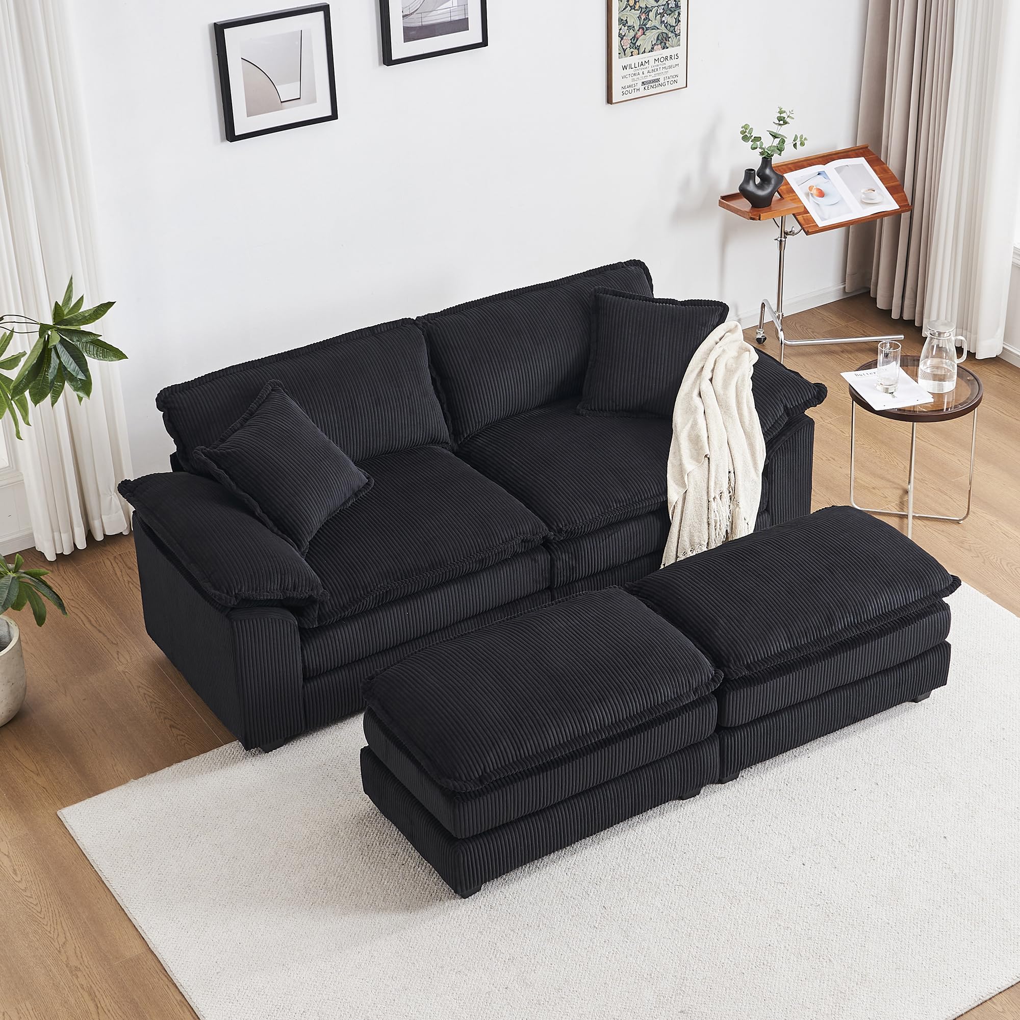 Corduroy Overstuffed Double Chaise Lounge, Oversized Modular 2 Seats Sofa Ottomans & Pillows,Comfy Deep Seat Cloud Couch for Living Room Bedroom Nursery (Black)