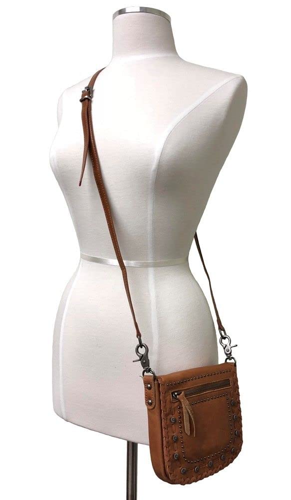 MMontana West Real Leather Messenger Purse Crossbody Purse Conchos Stitching Beige