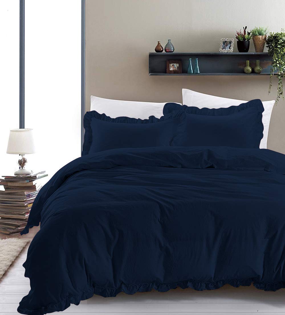 Craft Bedding Navy Blue Edge Ruffle Frilled Duvet Set (Duvet Set + 2 Pillowcases) Soft 1000 Series Long Staple 3 Piece Egyptian Cotton Queen 88'' x 88''