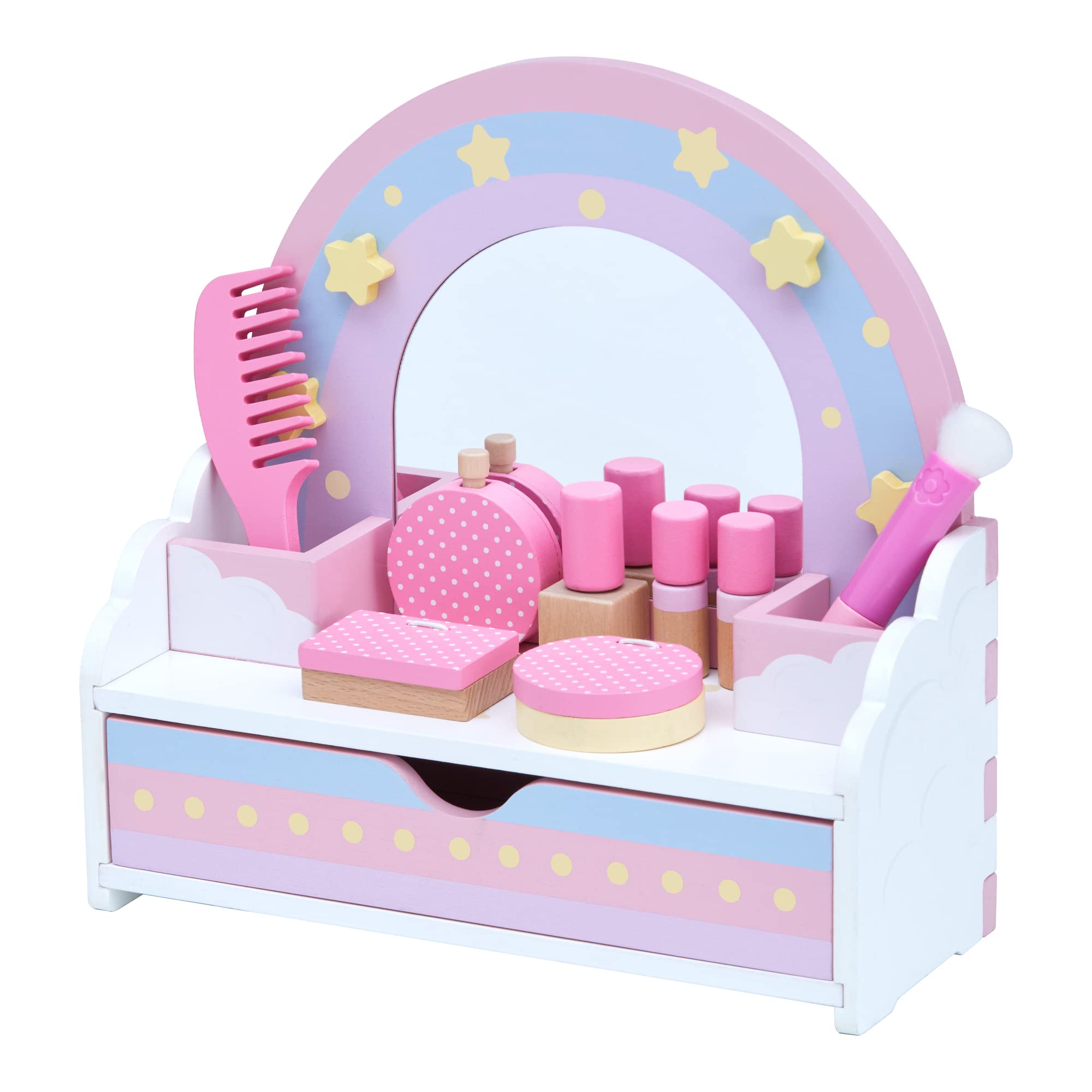 Teamson Kids Little Dreamer Wooden Rainbow Play Tabletop Vanity with Mirror and Drawer Plus 8 Pretend Cosmetic Makeup Accessories, Pink, includes Small Parts