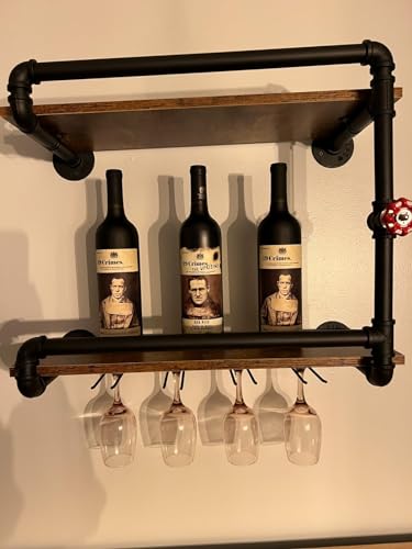 BOTAOYIYI Wine Rack Wall Mounted 2 Tier, Hanging Floating Small Mini Bar Liquor Shelves with Glass Holder Storage Under, Industrial Rustic Pipe Farmhouse Kitchen Decor Black(23.6x10.6x19.7)