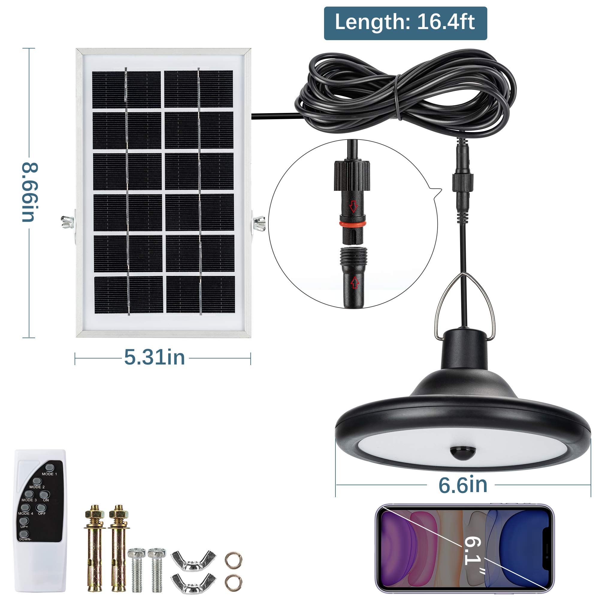 JACKYLED Solar Shed Light Motion Sensor,Solar Pendant Light Indoor Outdoor Solar Security Light with Remote Control 16.4Ft Extension Cord for Home Chicken Coop Garage Barn, Cool White