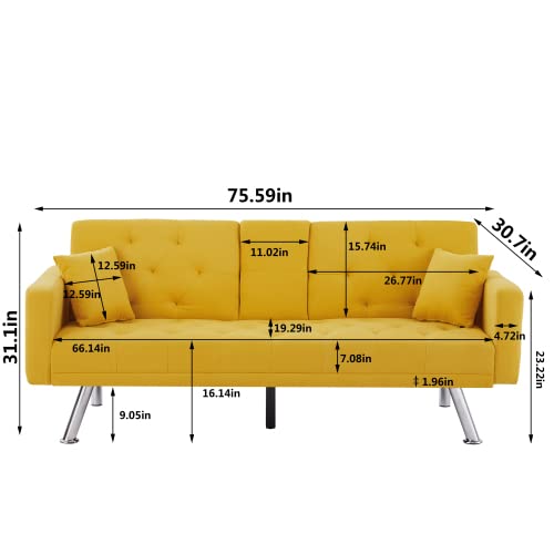Eafurn Linen Fabric Futon Bed, Button Tufted Folding Recliner Sleeper Reversible Loveseat Convertible Daybed with 2 Cup Holders,75.59" W Small Splitback Sofa & Couches for Living Room, C-Yellow