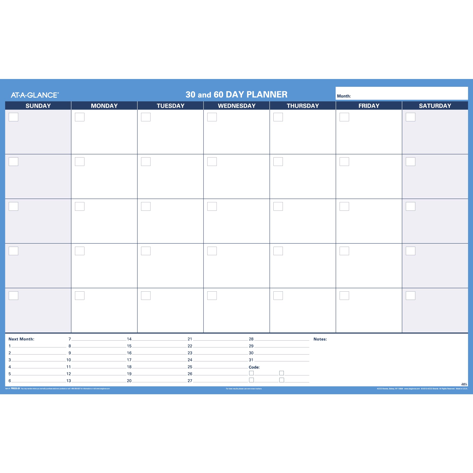 AT-A-GLANCE PM33328 30/60-Day Undated Horizontal Erasable Wall Planner, 48 x 32, White/Blue,