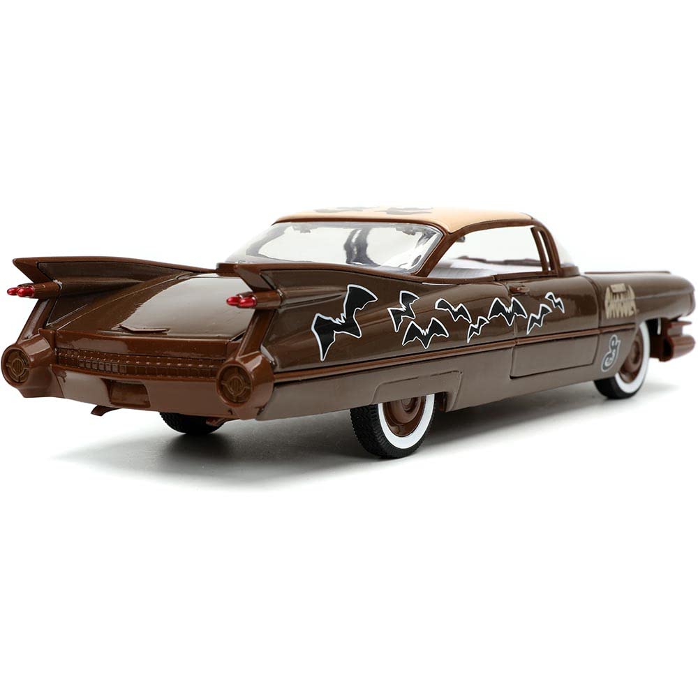 Jada 1959 Cadillac Coupe DeVille Brown and White with Graphics and Count Chocula Diecast Figurine Hollywood Rides Series 1/24 Diecast Model Car