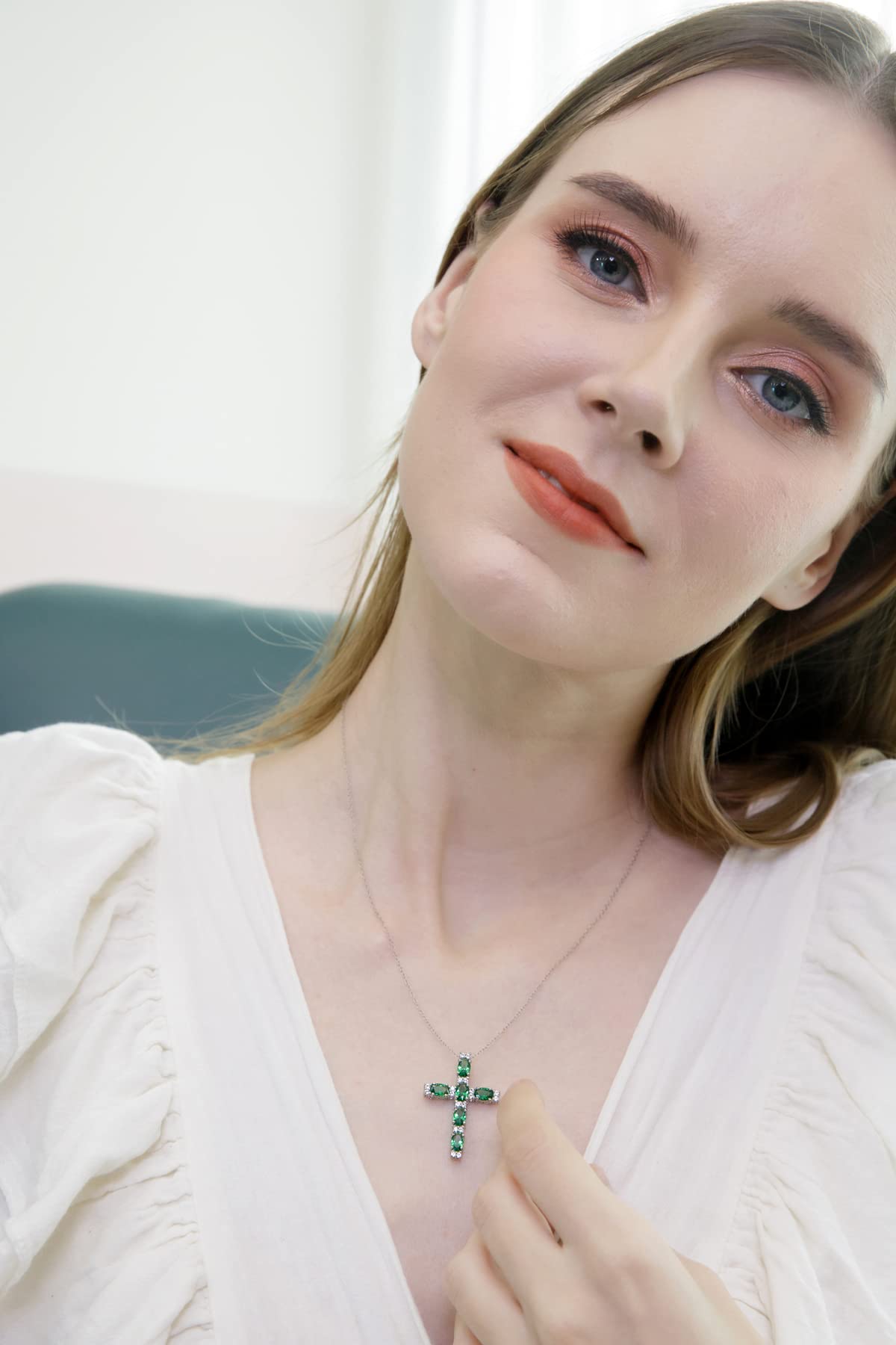 B. BRILLIANT Sterling Silver Simulated Emerald Oval-Cut Large Cross Necklace for Women