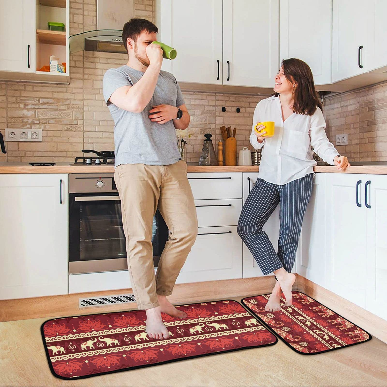 BOENLE Kitchen Rugs and Mats Non Skid Washable Kitchen Rug Set 2 Piece Red Elephant Migration Carpet Ergonomic Comfort Standing Mat for Kitchen,Bathroom, Laundry