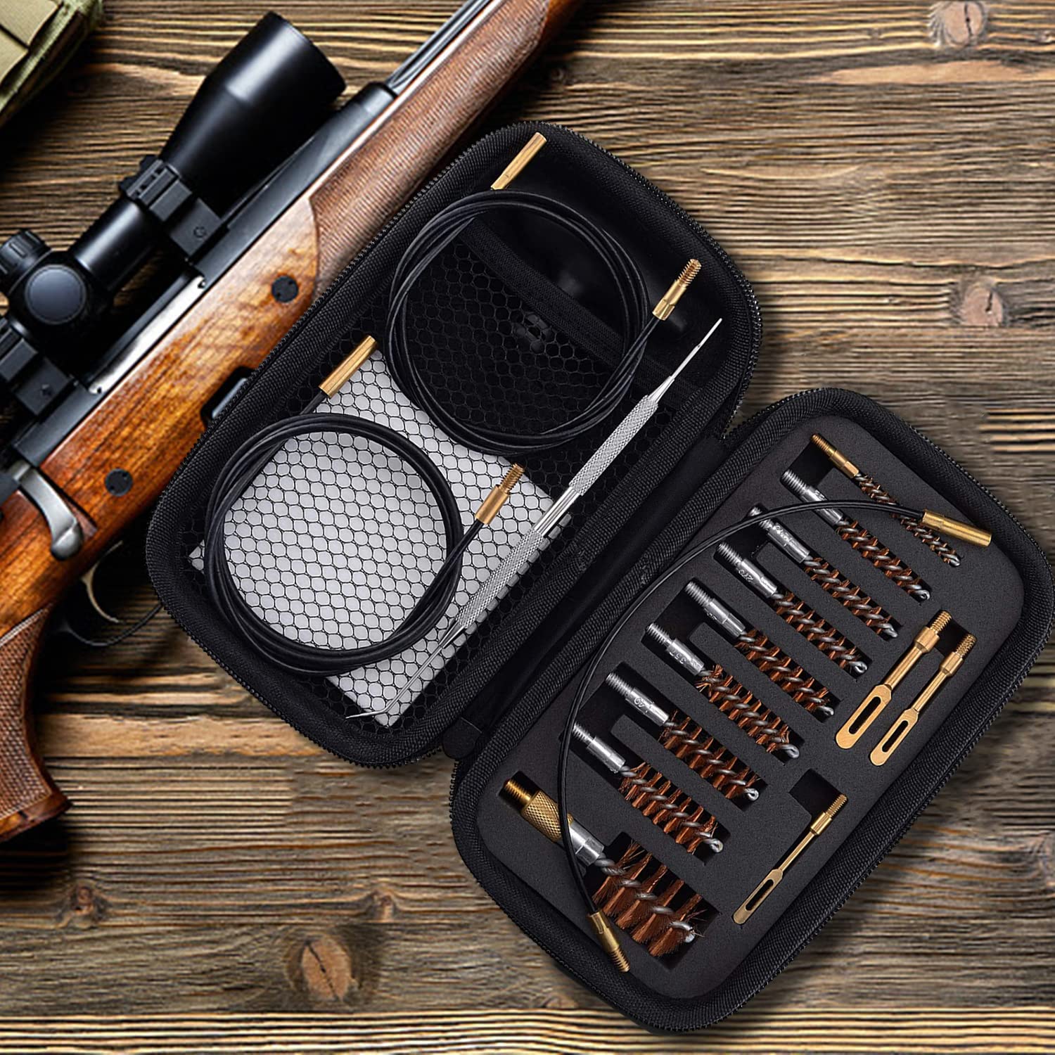 BOOSTEADY Gun Cleaning Kit .17 .22/.223/5.56MM .243 .280 .30 .357/9MM .40 .45 12GA Multi-Caliber Phosphor Bristle Bore Brushes with Flexible Threaded Bore Cleaning Coated Cables in Zippered Case