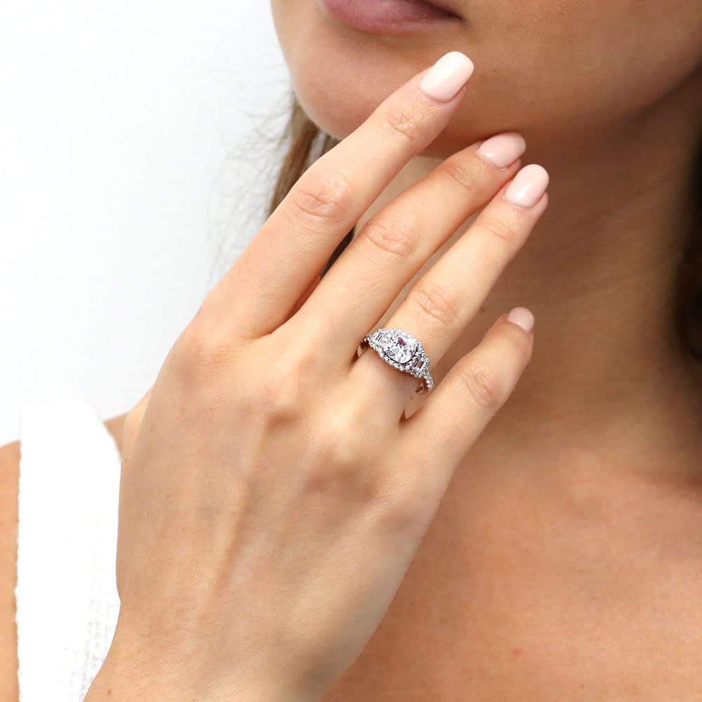 BERRICLE Sterling Silver 3-Stone Wedding Engagement Rings Cushion Cut Cubic Zirconia CZ Halo Ring for Women, Rhodium Plated Size 8