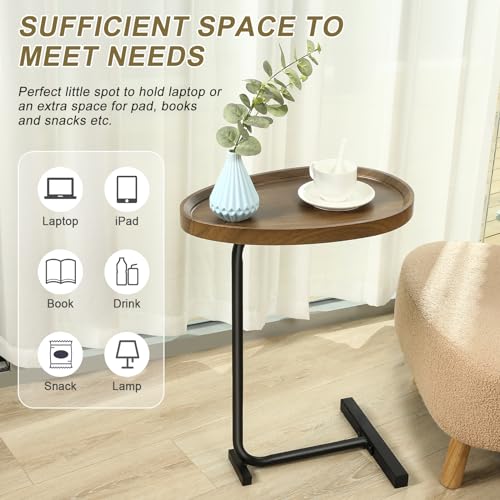 Eansstofars Small Side Table for Small Spaces, Narrow C Shaped End Table for Sofa Couch and Bed, Walnut and Black, Perfect for Indoor, Living Room, Bedroom, Bathroom