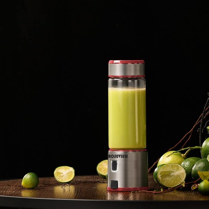 Smoothie blender Portable ROSEVIEW Glass bottle Mini rechargeable Handheld Ice crushing Shakes Cup USB juicer Cordless Personal smoothies maker Fruit mixer Juice sport travel healthy smoothy (Red Steel)