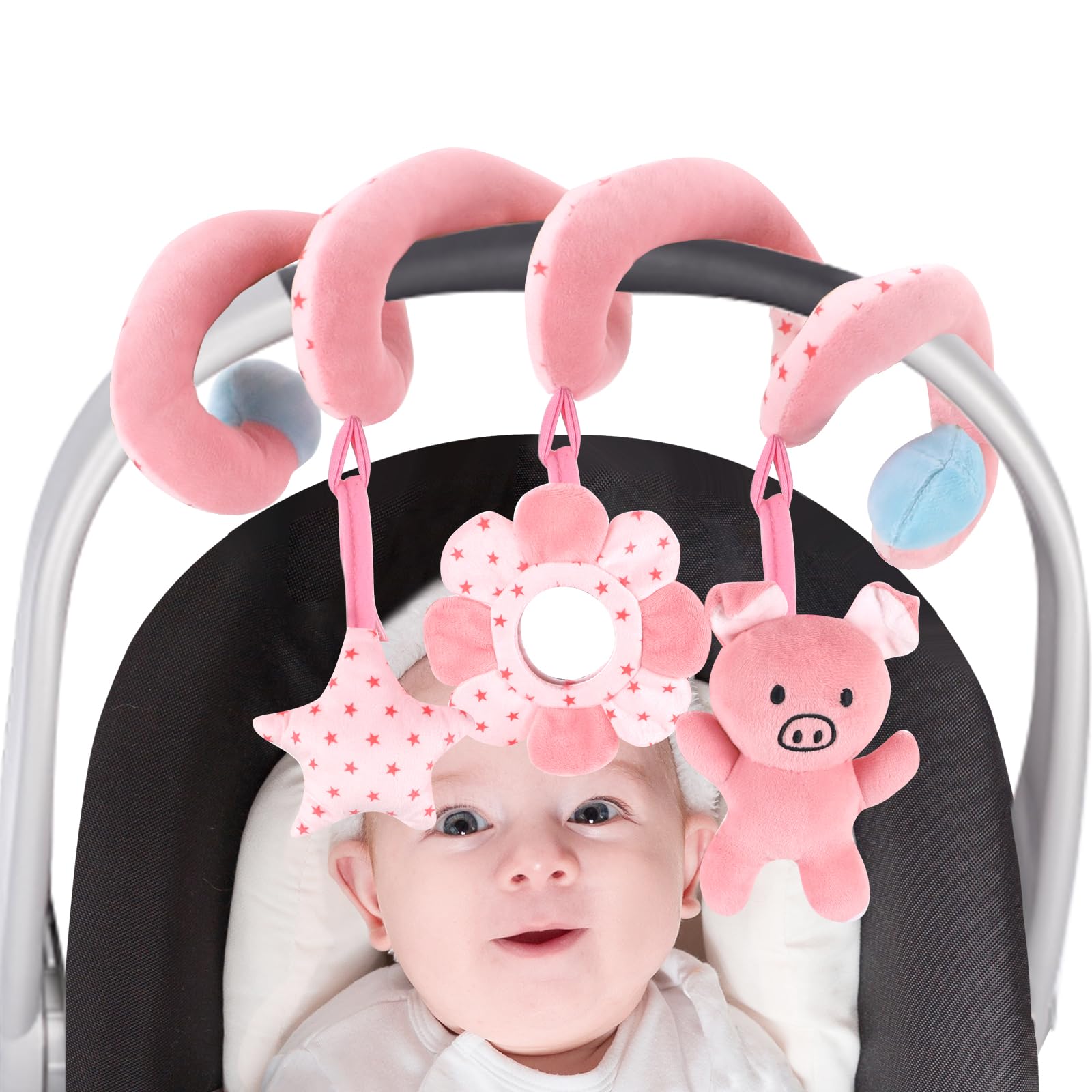 vocheer Car Seat Toys for Babies 0-6 Months Hanging Rattle Bouncer Toys for Crib Mobile, Infant Spiral Plush Stroller Toys,Girls Pink Pig