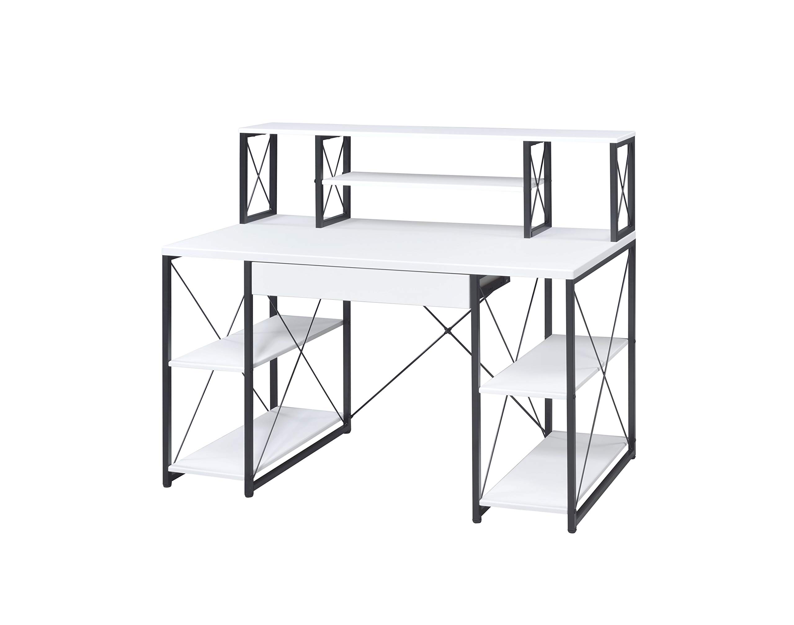 Binrrio 47" Computer Desk, Modern White Home Office Desk, Wooden Compact Writing Study Table Gaming Desk, Laptop PC Table Writing Study Table Workstation with Storage Drawer & Shelves