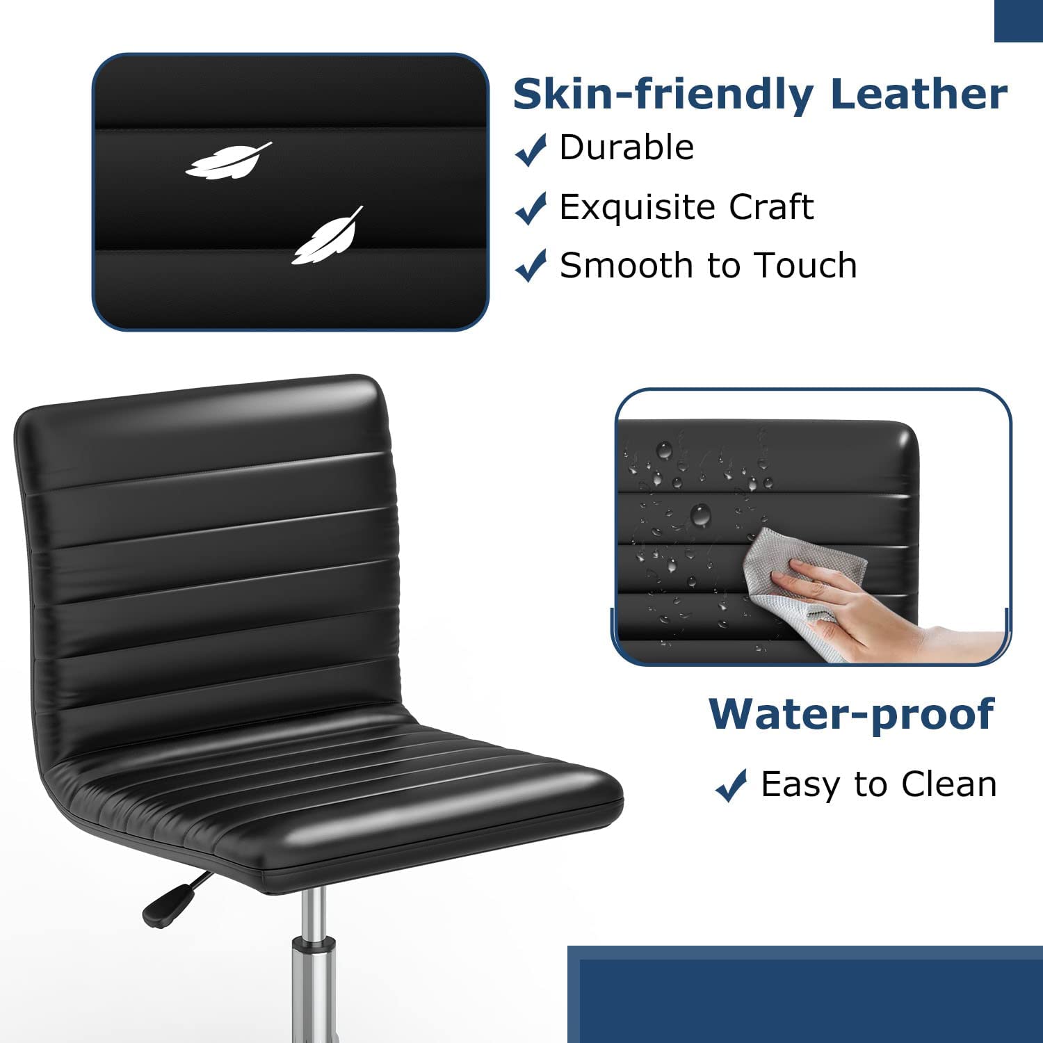 MCQ Armless Ribbed Home Desk Wheels, Faux Leather Office Adjustable Task, Mid Back Swivel Computer Chair, Jet Black
