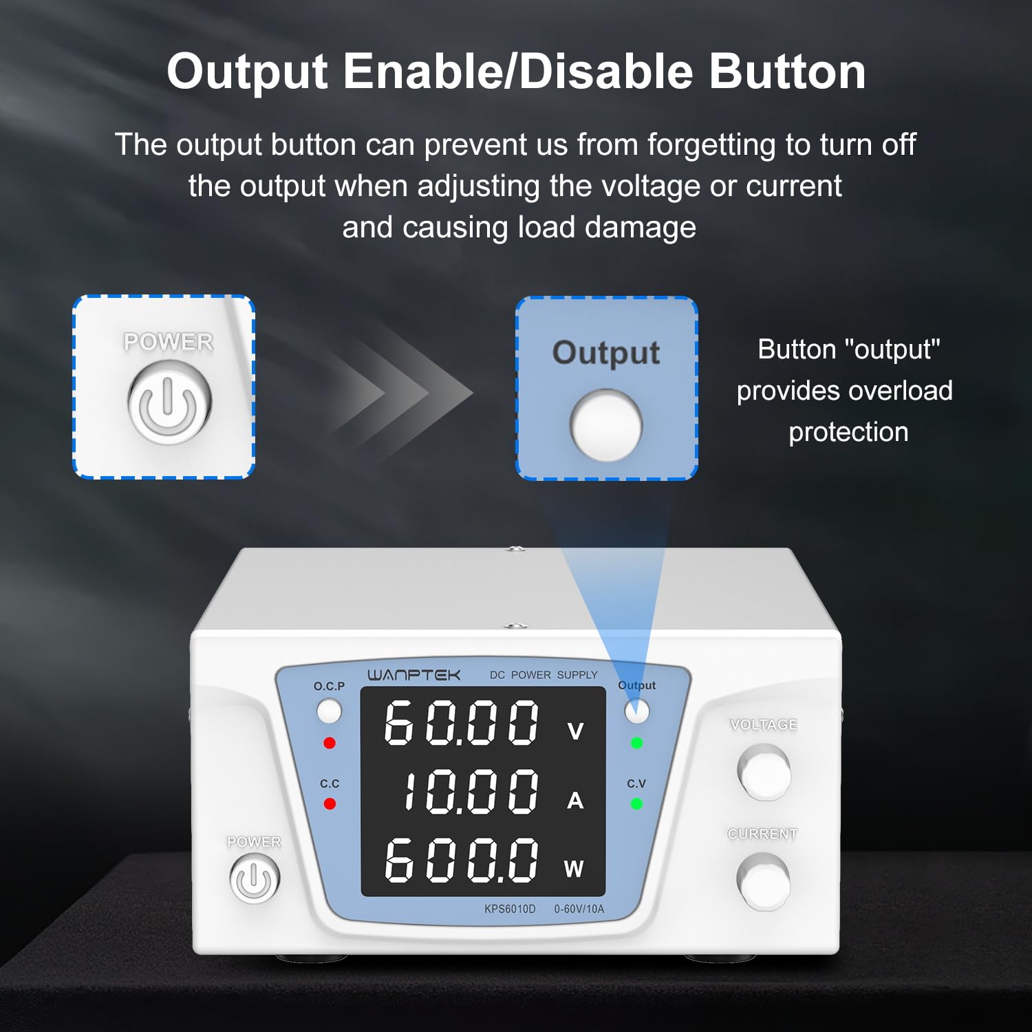 DC Power Supply Variable, Bench Power Supply with Encoder knob, Adjustable Switching Power Supply with OCP Switch, Variable Power Supply with Output Enable/Disable Button (0-60V 0-10A)