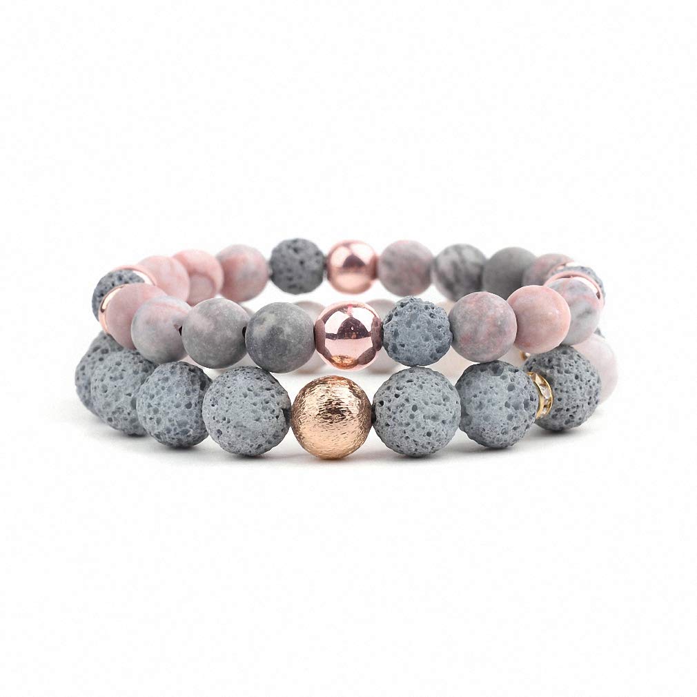 Barsly Elastic Natural Agates Lava Stone Couple Distance Bracelets Aromatherapy Essential Oils Diffuser Unisex Bracelets Lava Agate Rose Gold