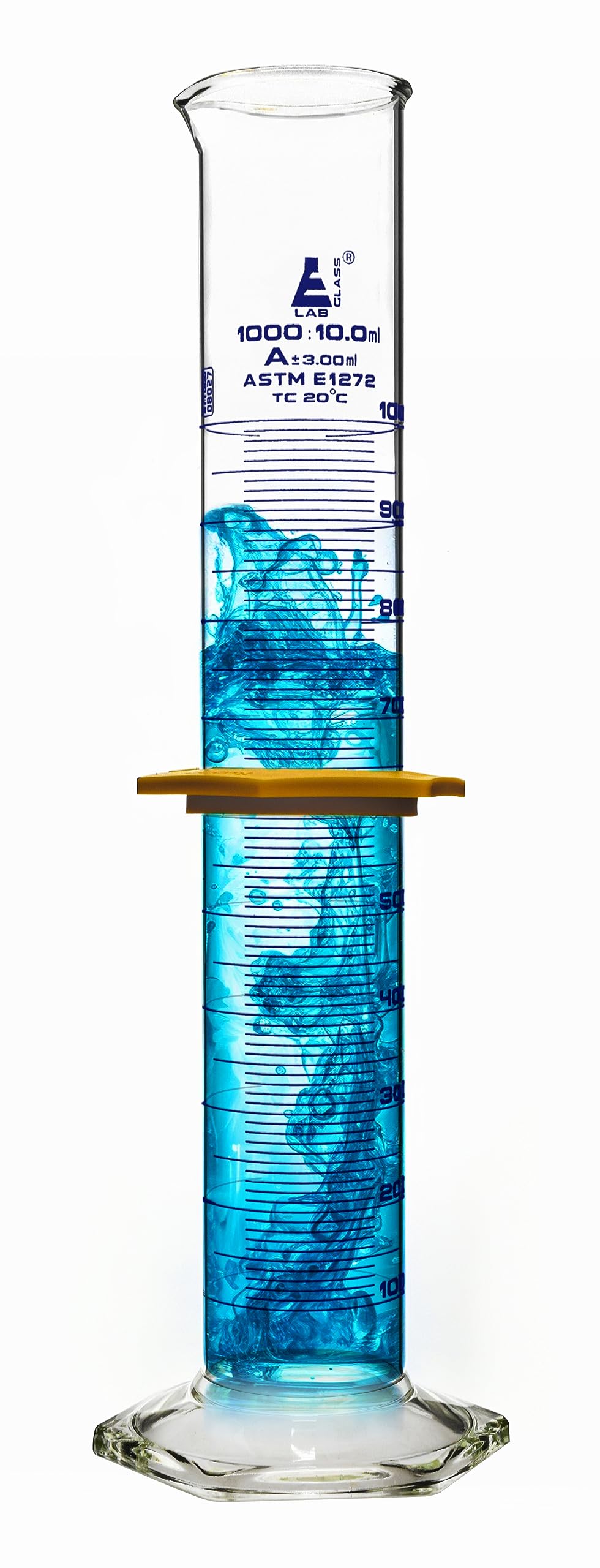 EISCO Graduated Cylinder, 1000mL - ASTM, Class A Tolerance ±3.00mL - Protective Collar, Hexagonal Base - Blue Graduations - Borosilicate 3.3 Glass