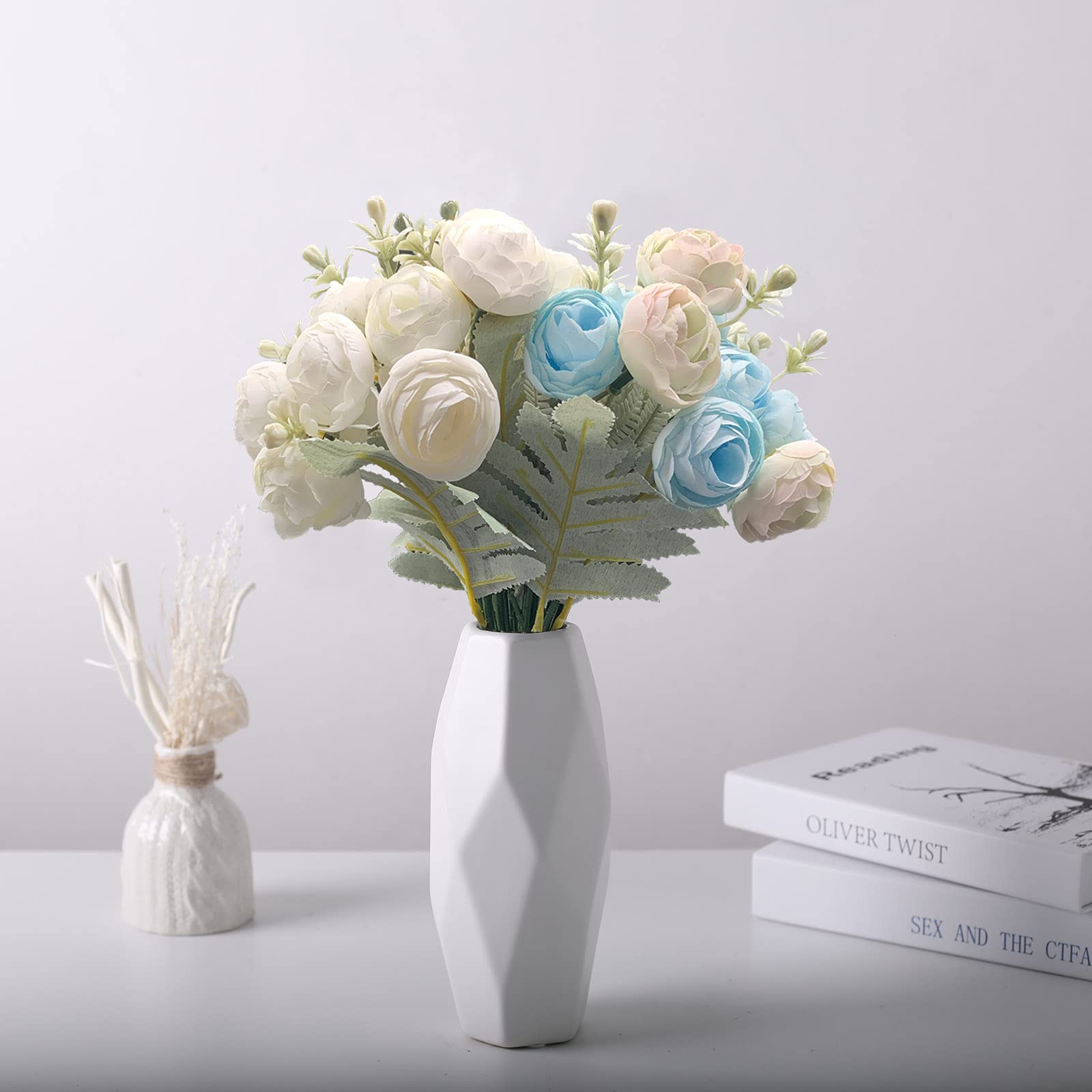 JANESOTO 2 Bundles 36 Artificial Flowers Fake Roses with Stems,Silk Bouquet Home Decorations for Office Table,Garden Party,Bridal,Bedroom,Kitchen Without Vase (White and Blue)