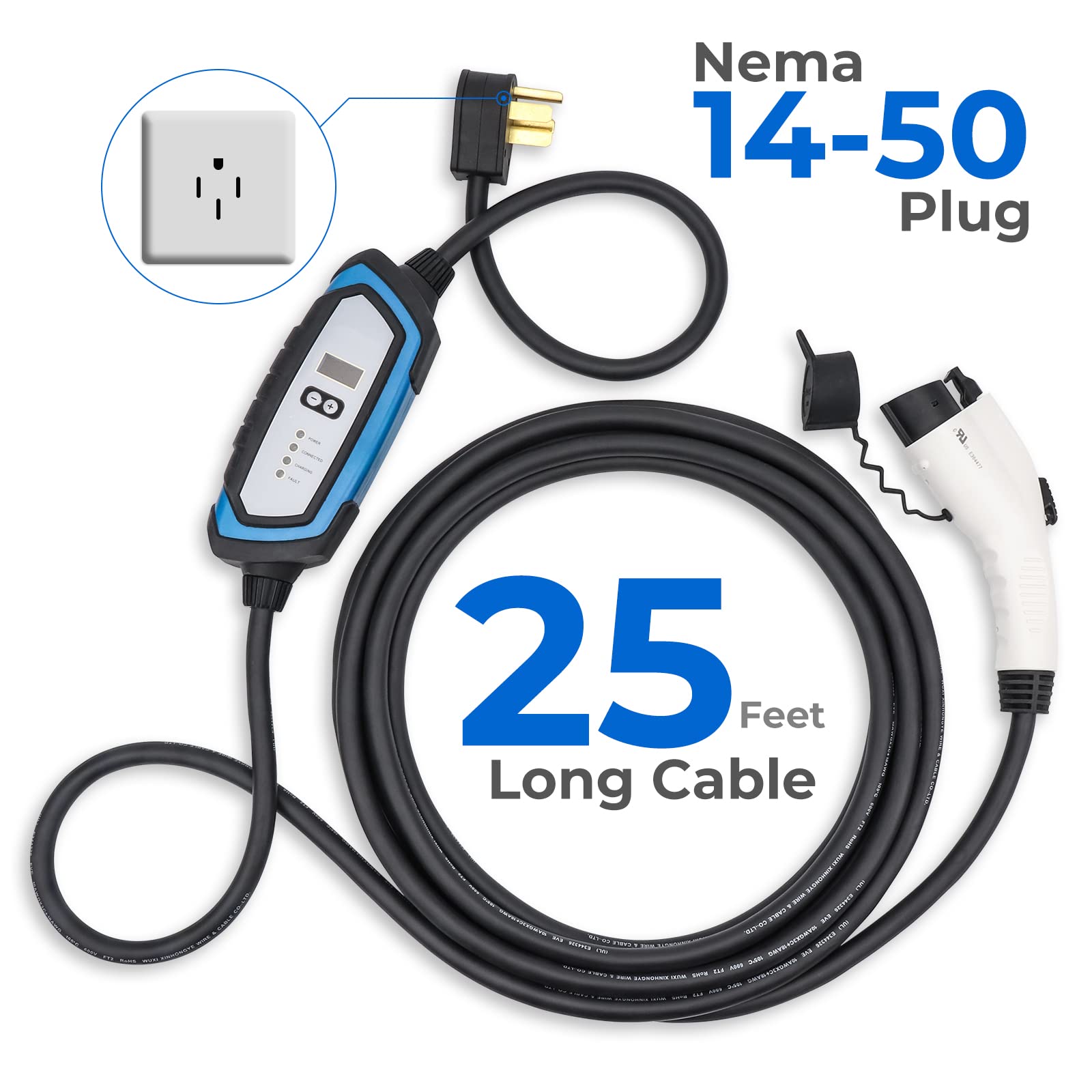 BougeRV Level 2 EV Charger Cable (32A, 25FT) Portable EVSE Electric Vehicle Charging Station (NEMA14-50) Waterproof Indoor/Outdoor Use