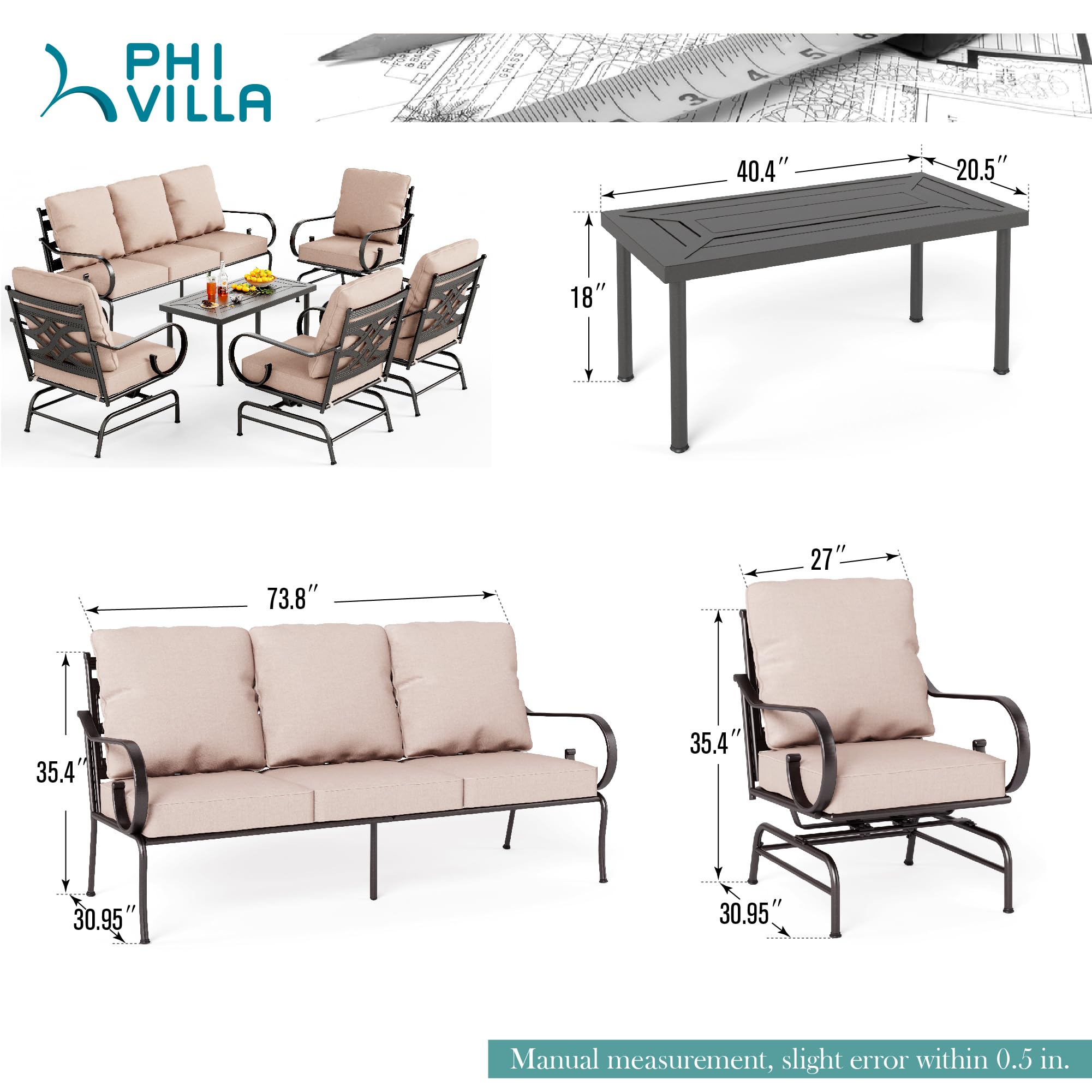 PHI VILLA Metal Patio Outdoor Furniture Sets,Large Heavy Duty Patio Conversation Sets for Backyard, Porch and Garden(Beige, 6 pcs w/Table)