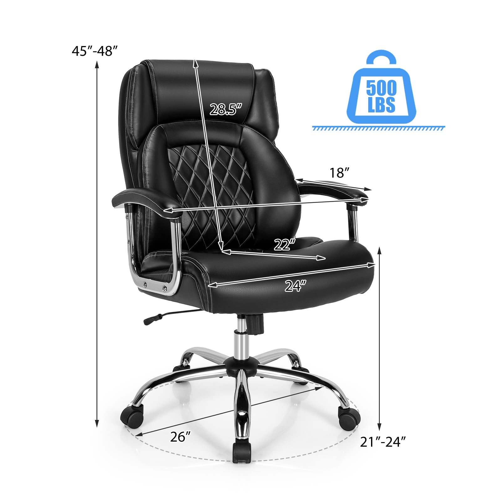 Giantex 500LBS Big and Tall Office Chair, Wide Seat Large Leather Executive Chair w/Heavy Duty Metal Base, Height Adjustable Swivel Computer Task Desk Chair, Padded Armrest, Rocking Backrest (Black)