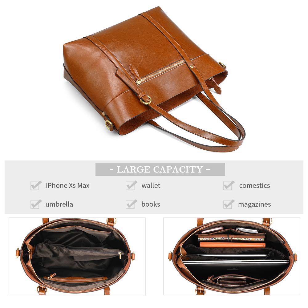 Kattee Genuine Leather Women Tote Bag Soft Handbags Vintage Shoulder Purses Fashion Top Handle Bag Large Capacity (Brown)