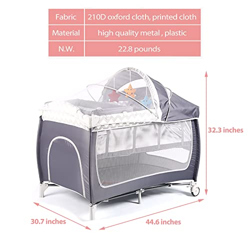 SoQte Foldable Luxury Nursery Baby Center, Multi Functional Movable Bed with Removable Diaper Table, Bed Net, Lovely Toys, Storage Bag, Portable Travel Crib with Wheels