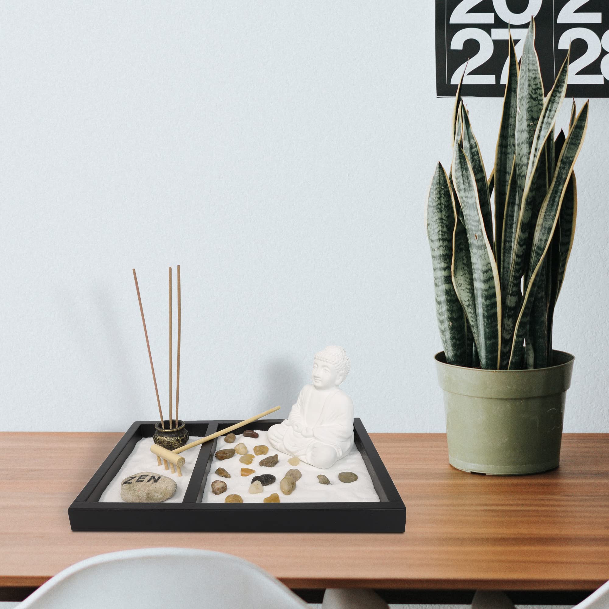 Japanese Mini Zen Garden with Incense Holder, and White Miniature Buddha Statue for Relaxation and Meditation, Perfect Home Desk Decor and Gift Set - 7" x 8.5" x 6.5"