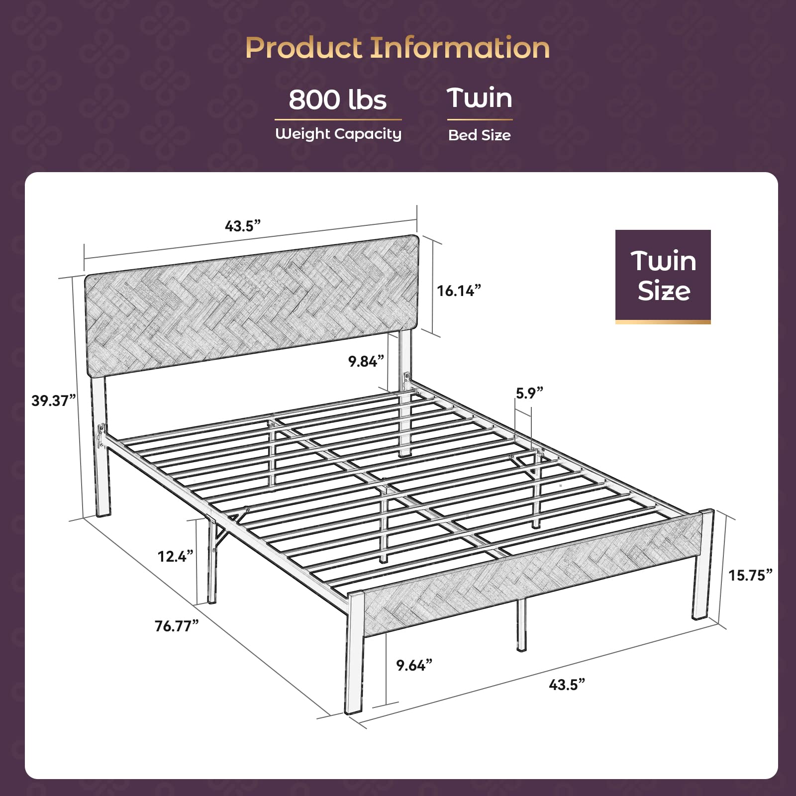 ANITA Twin Size Bed Frame with Wood Headboard, High Profile Platform Bed Frame 12.4 inch Storage Underneath/Metal Slat Support/Rustic Boho Style