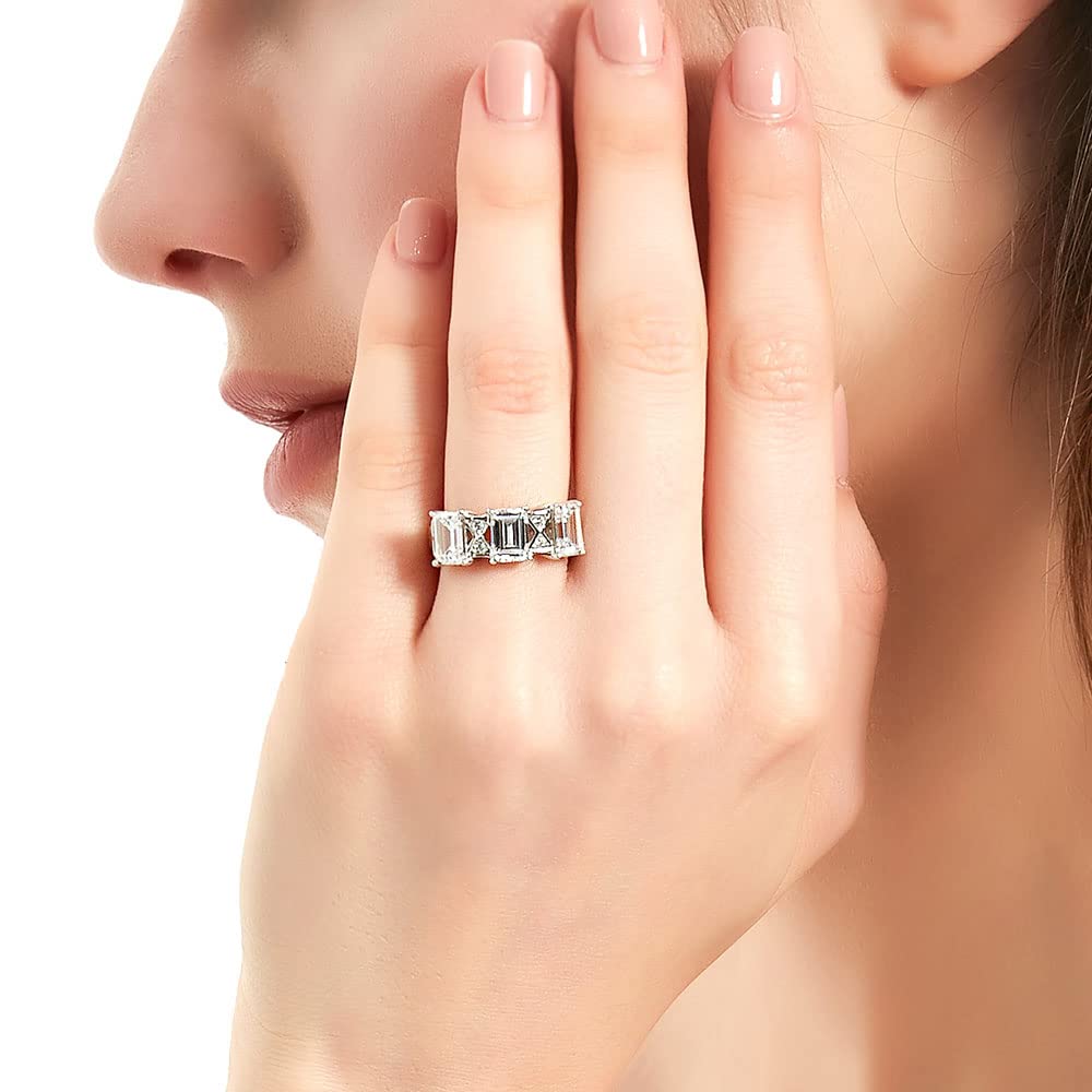 BERRICLE Sterling Silver 3-Stone Emerald Cut Cubic Zirconia CZ Statement Art Deco Fashion Ring for Women, Rhodium Plated Size 8