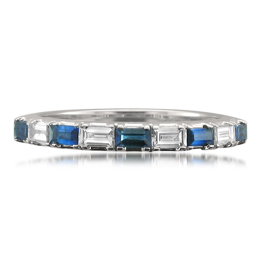 Beyond Brilliance 1/2 Carat Diamond, Pavé-Set 14K White Gold Baguette Diamond & Blue Sapphire Bridal Wedding Band Ring (I-J, VS2-SI1) Size-9