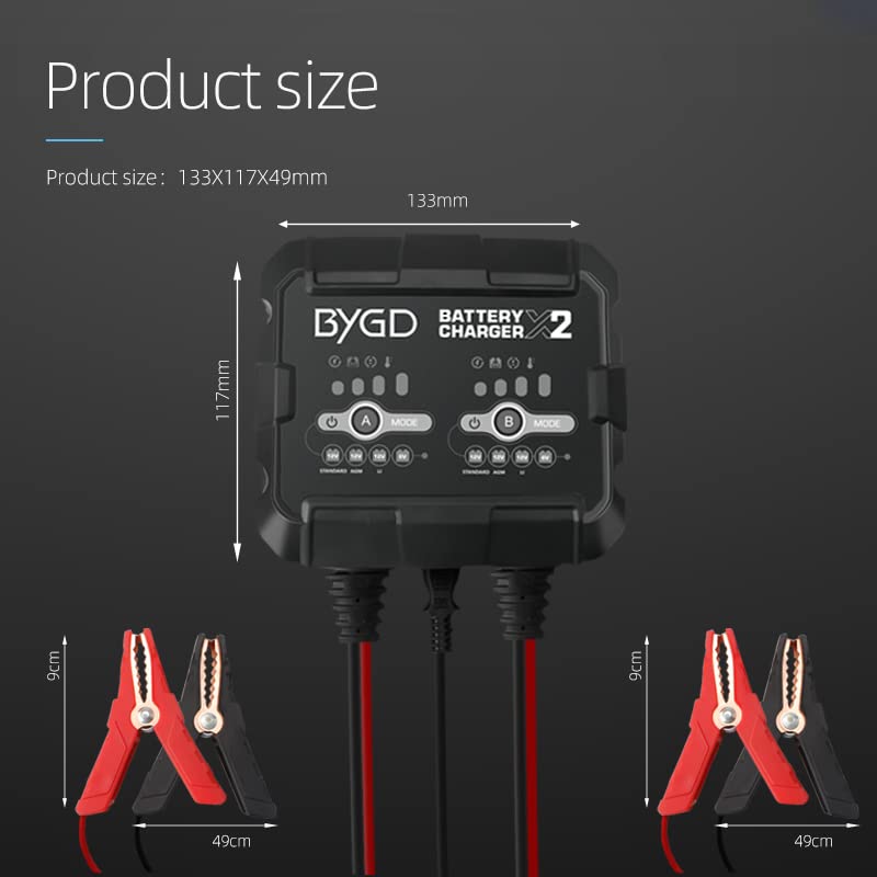 BYGD 6V and 12V Smart Battery Charger 2-Bank, 4-Amp (2-Amp Per Bank) Fully-Automatic Smart Charger, Battery Maintainer, and Battery Desulfator with Temperature Compensation (Upgraded)