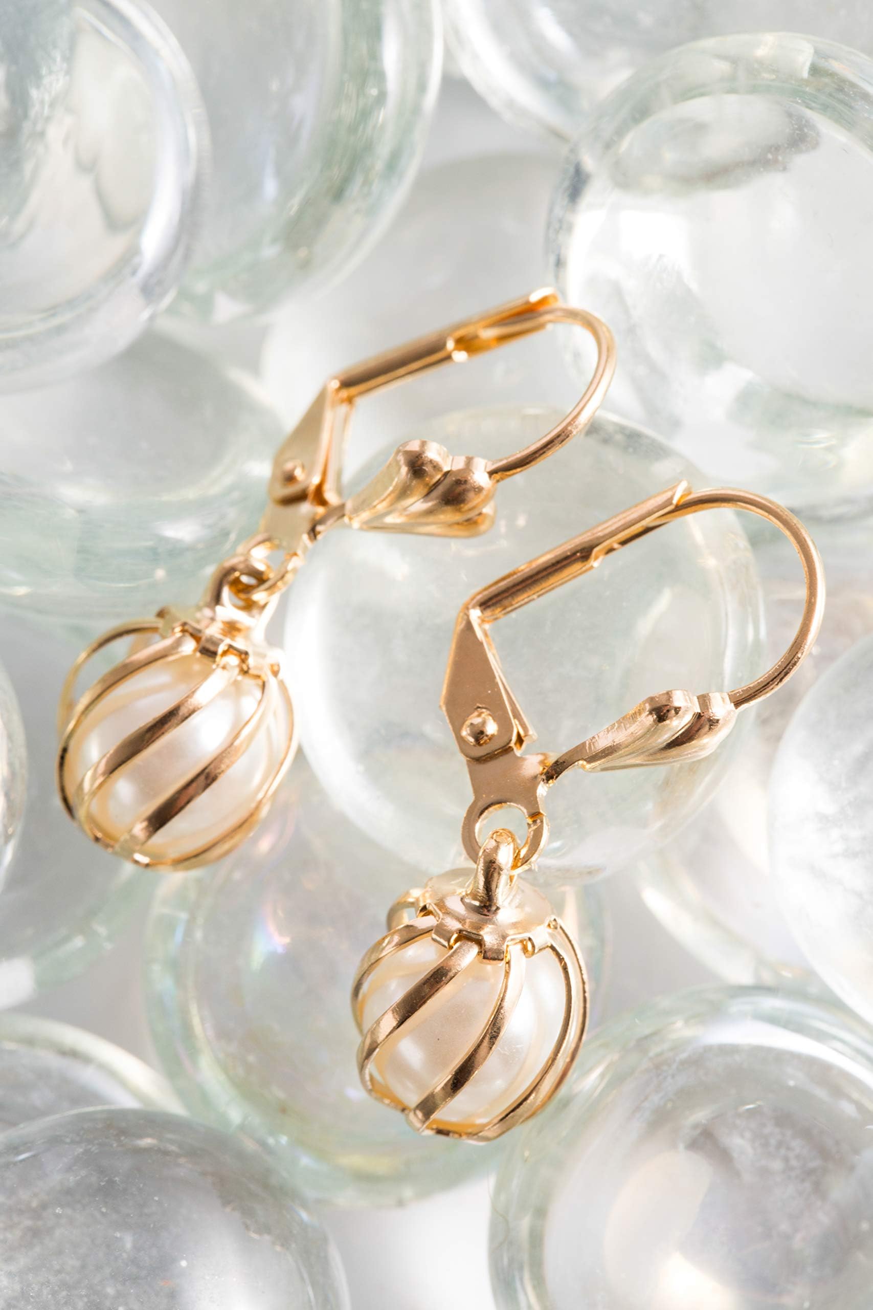 Barzel 18K Gold Plated Pearl Drop Earrings Caged (ER308)