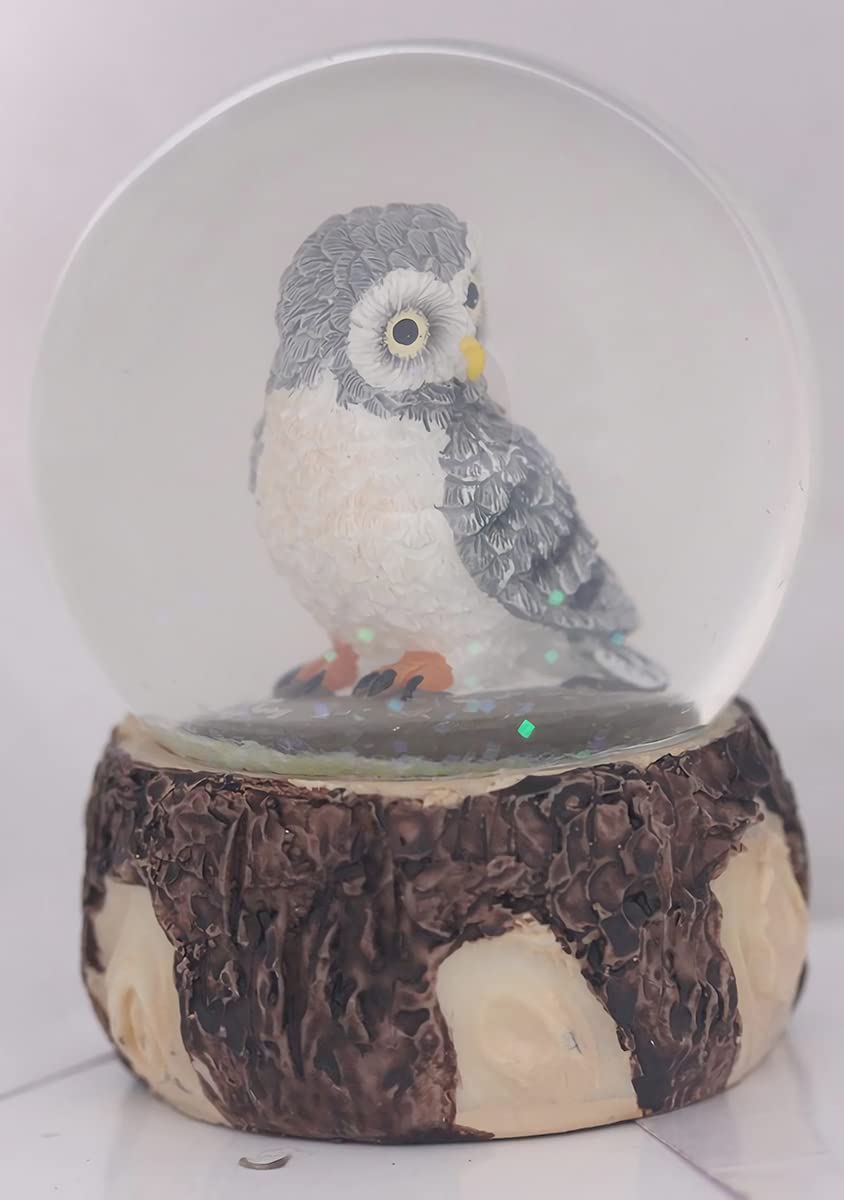 SINGEEK Owl Snow Globe - Hand Painted Owl Figurine Snowglobe, Manual Snowfall 65MM Water Globe Home Office Decor (Gray)