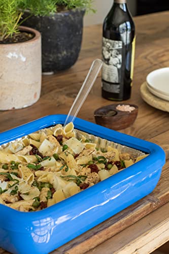 Fancy Panz Premium Dress Up & Protect Your Foil Pan, Made in USA. Hot/Cold Gel Pack, One Half Sized Foil Pan & Serving Spoon Included. Stackable for easy travel. (Denim Blue)