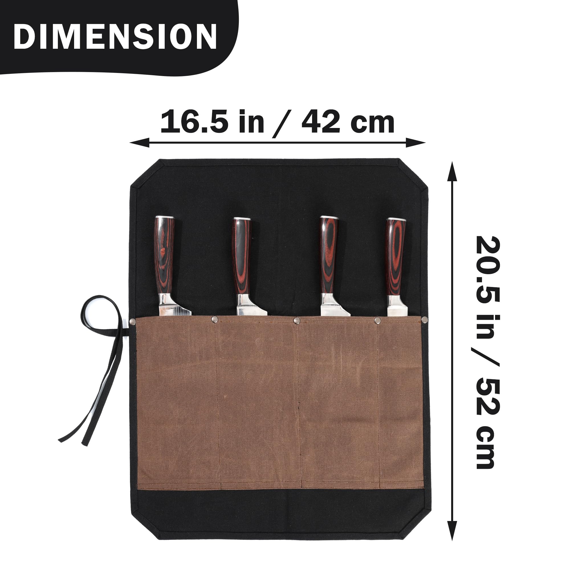 Chef Knife Roll, 16OZ Waxed Canvas Chef Knife Case with Professional Cut-Resistant Fabric & 4 Slots, Durable Knife Case (Black) - 20.5"L x 16.5"W