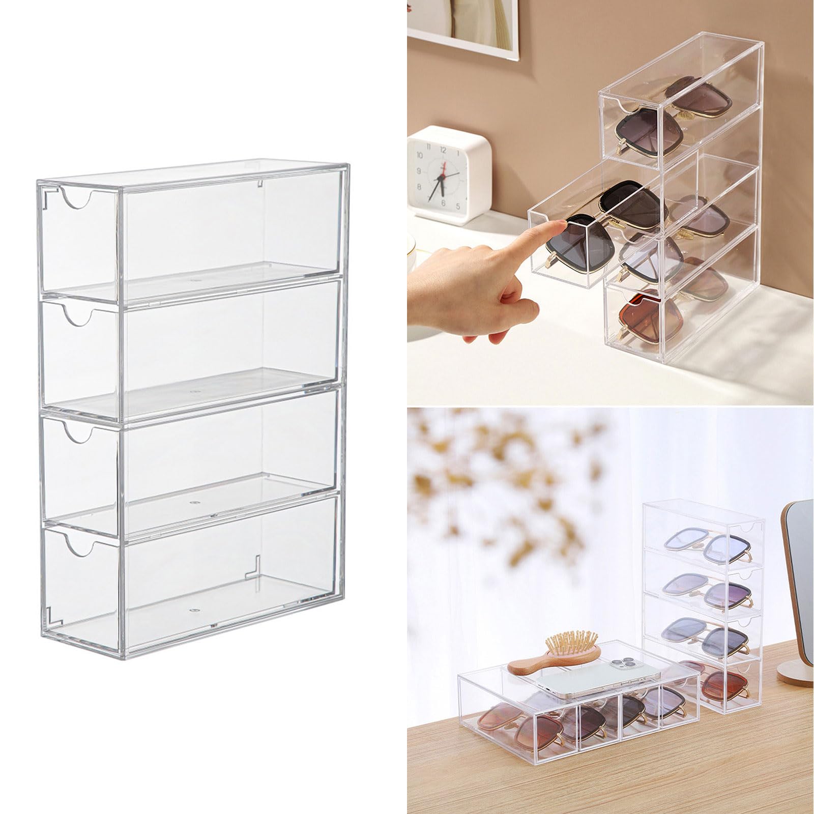 BYNNIX Transparent Dustproof Sunglasses Storage Box With 4 Layer Acrylic Drawers Eyewear Organizer Container Holder Eyewear Accessories Holder