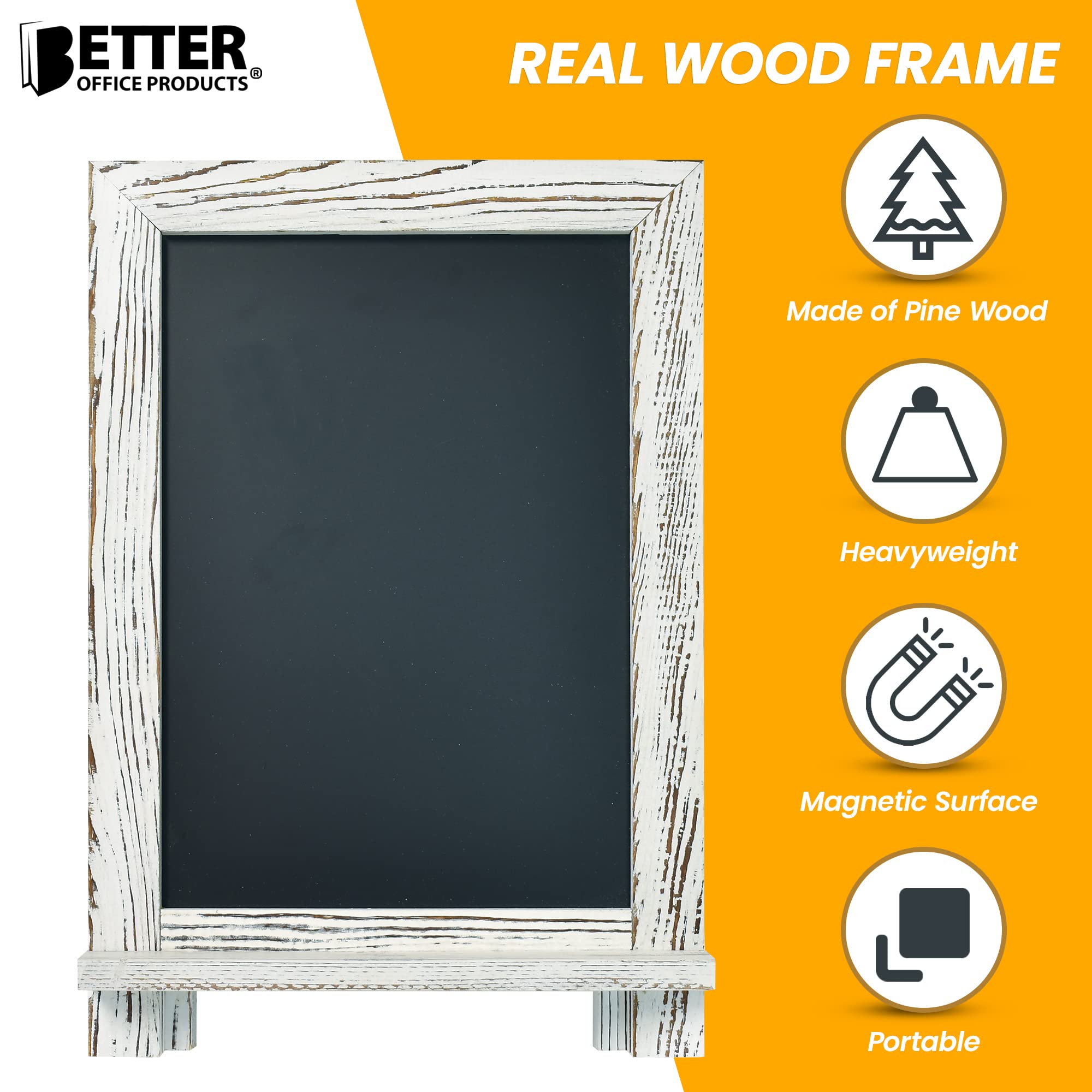 Better Office Products Framed Tabletop Chalkboard Sign, 9.5" x 14", Rustic Wood Frame, Small Magnetic Chalkboard with Built-in Ledge and Folding Stand, One White Chalk Marker Included,(Whitewash)
