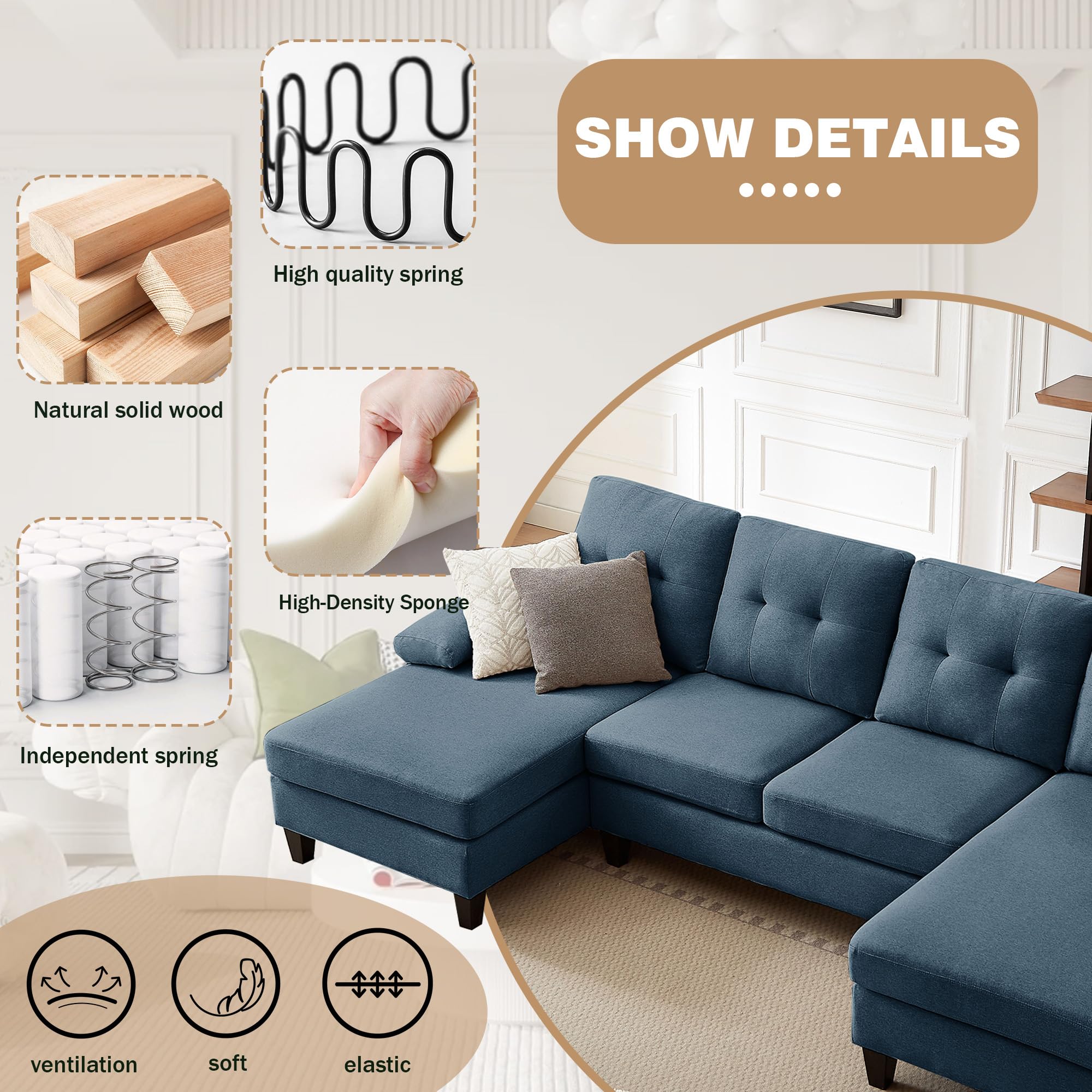Chireca 111" Sectional Couch for Living Room, Modern Polyester Fibre U Shaped Sofa Couches with Double Chaise, Upholstered 4 Seater Sofa for Living Room, Apartment, Office, Dark Green