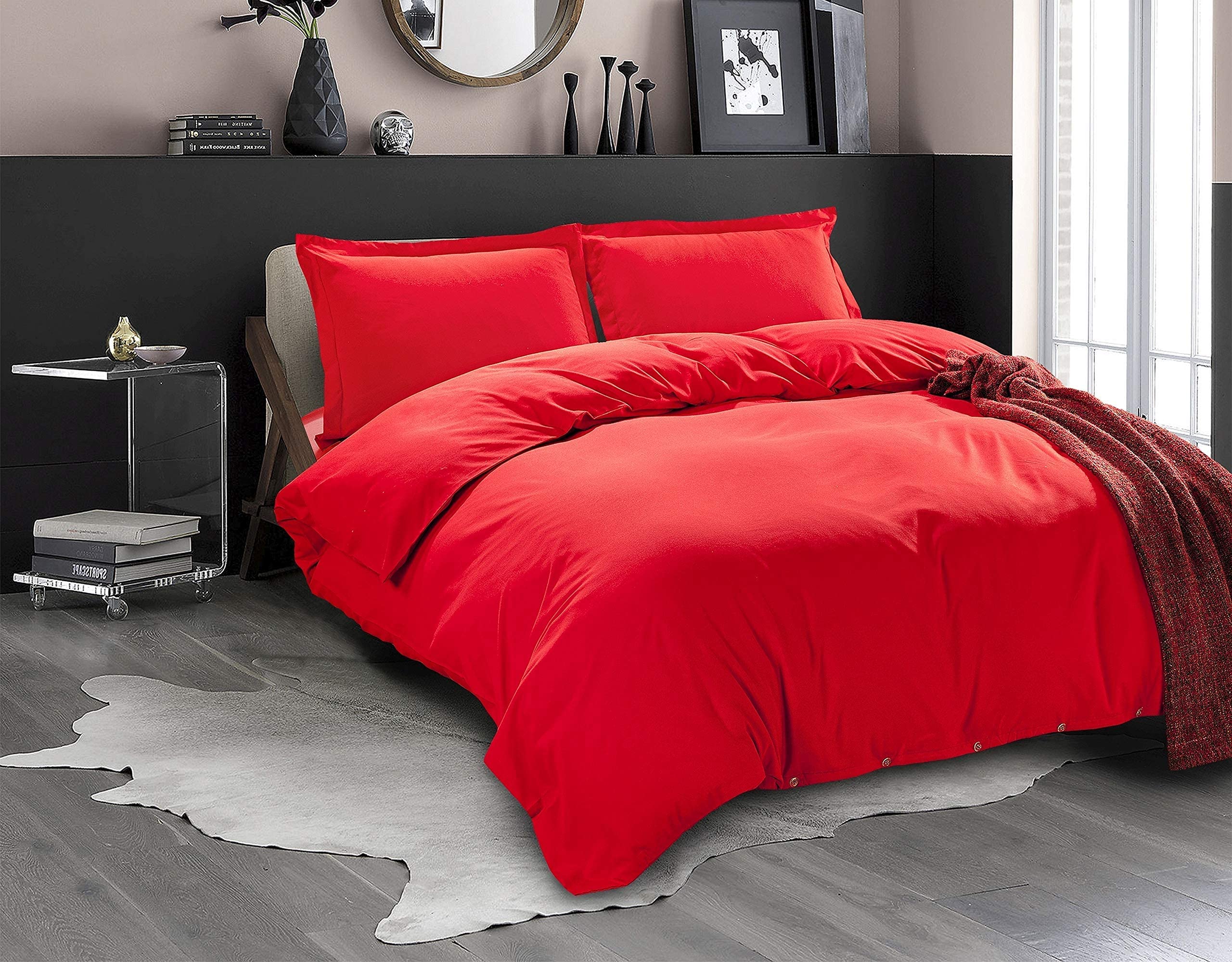 La Calypso Bedding 100% Cotton 600 Thread Count 4 Piece Duvet Set, 1 Duvet Cover with Button Closure & Corner Ties, 1 Fitted Sheet 21" Deep Pocket and 2 Pillow Cover (Queen Size, Red)