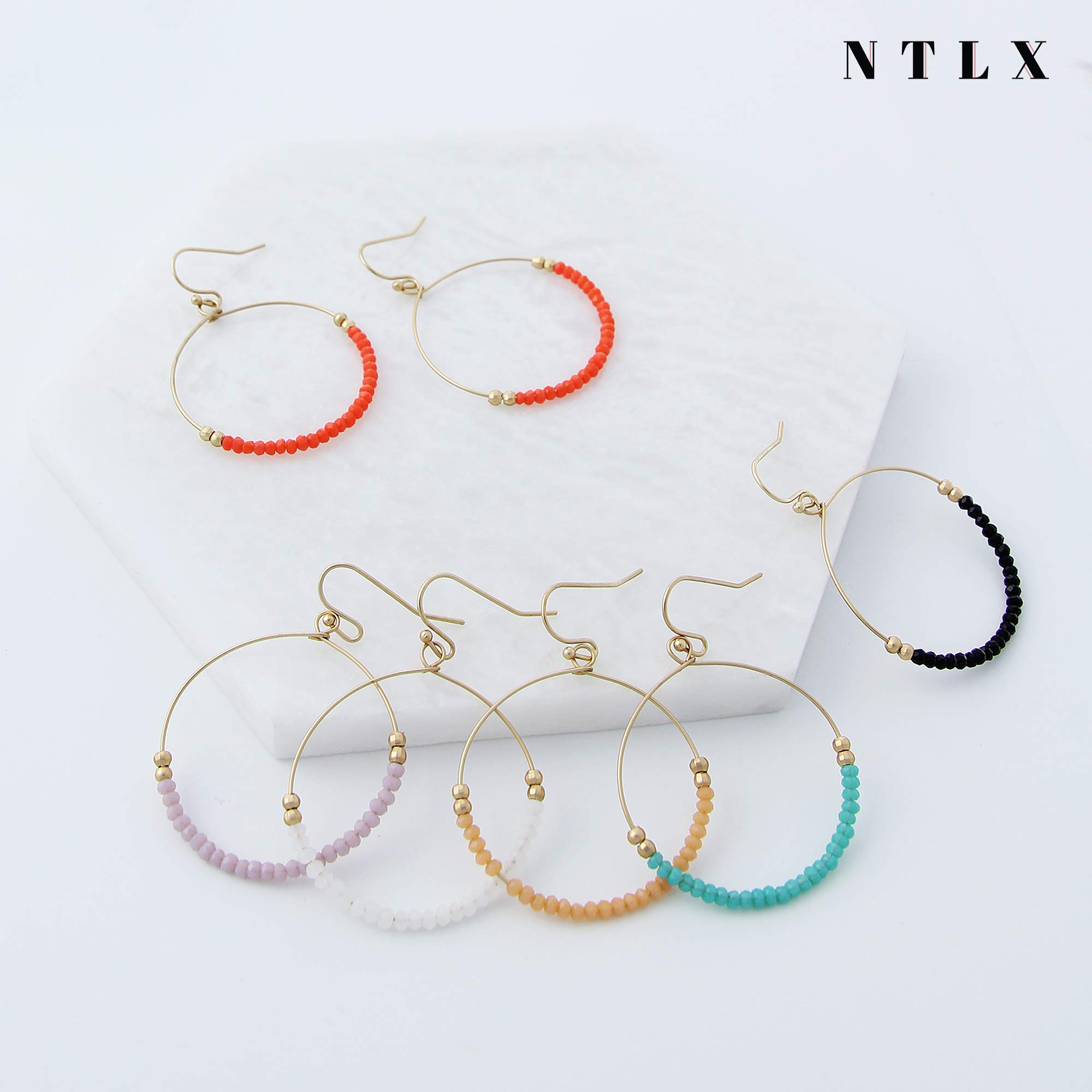 Bohemian Boho Round Circle Hoop Dangle Drop Earrings for Women – Delicate - Handcrafted – Colorful Faceted Glass Beads – Gold Plated – with Gift Box Included (White Opal)