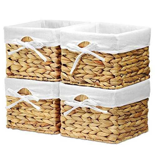 EZOWare Set of 4 Small Natural Woven Water Hyacinth Wicker Storage Nest Baskets Organizer Container Bin with Liner for Organizing Kids Baby Cloth, Room Decor, Toy, Gift Basket Empty - Brown (7x7x5.5")