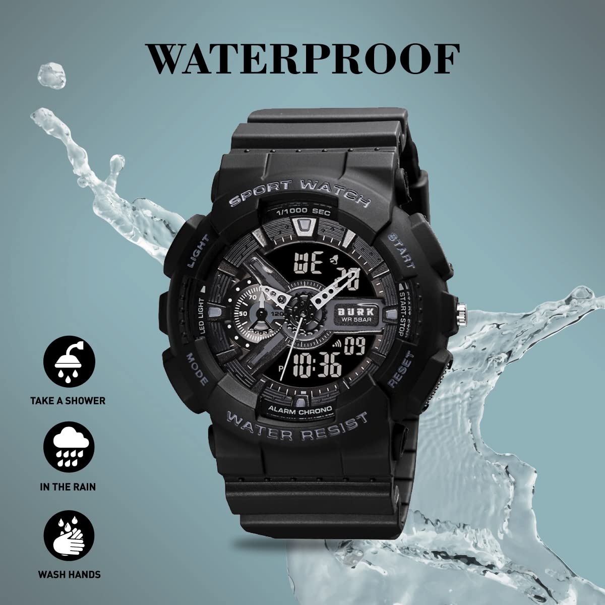 BURK 1688BK Military Wristwatch Men Water Shock Resistant Dual Time Sports Digital LED Display
