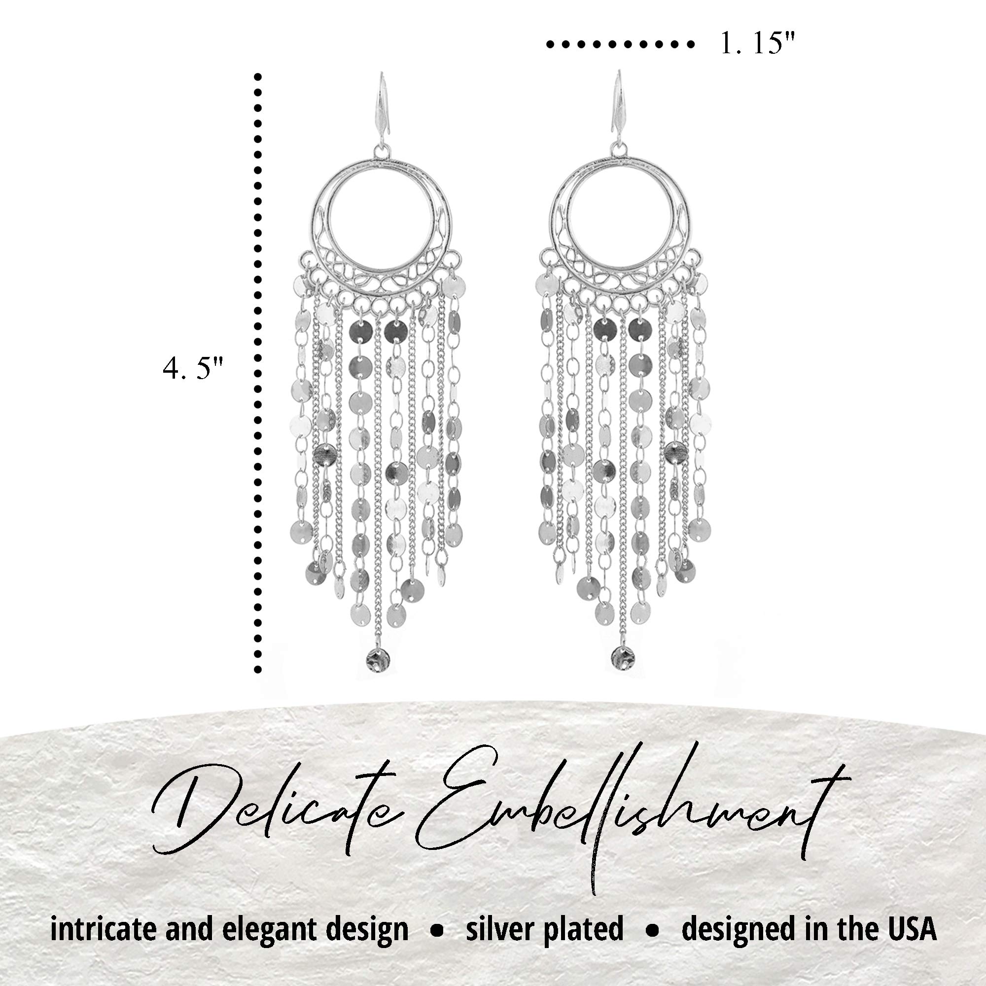 Bohemian Boho Tassel Dangle Drop Earrings for Women – Lightweight Filigree Gypsy Coin Chandelier Disc Charm Hoops – included Gift Box (Round - Silver)